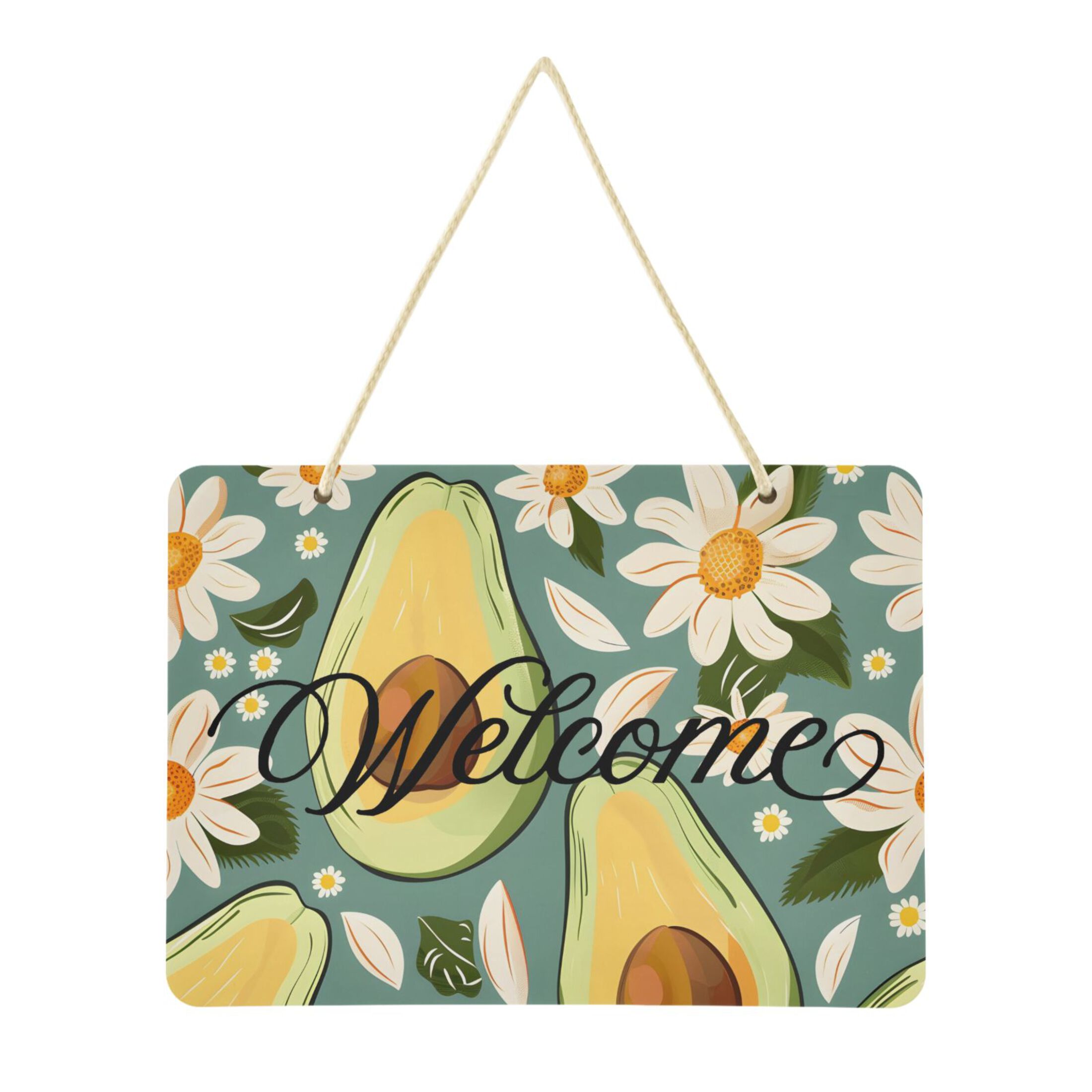 Cartoon Avocado and Daisy Welcome Sign Front Door PVC 14x10 inch Hanger ...