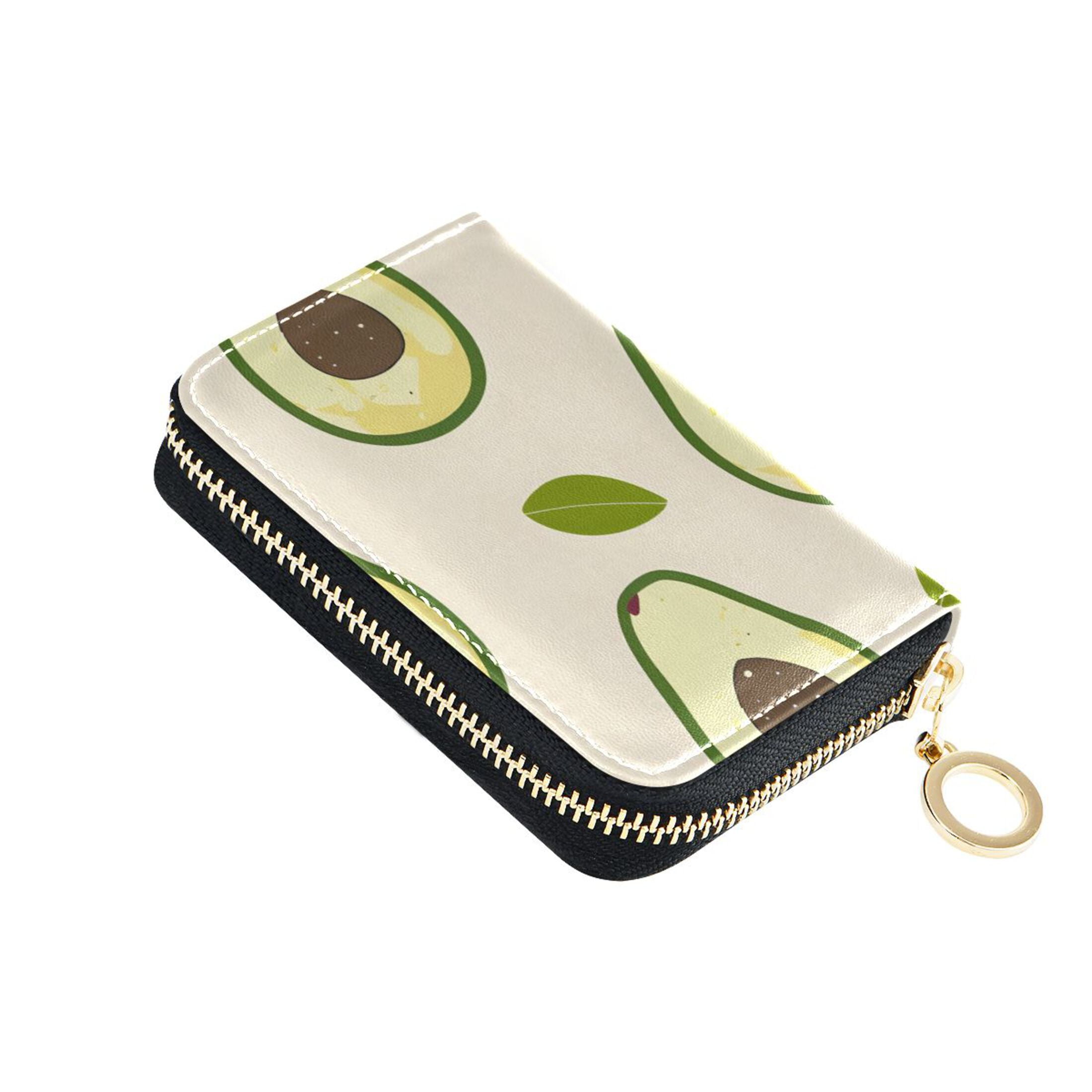 Cartoon Avocados Leaves Women's Credit Card Holder PU Leather Zipper ...