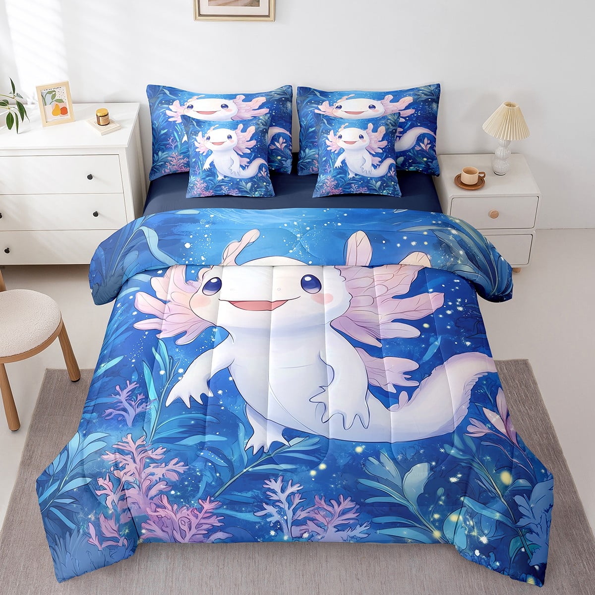 Cartoon Axolotl 7 Piece Comforter Sets Cute Ocean Animal Axolotl Full ...