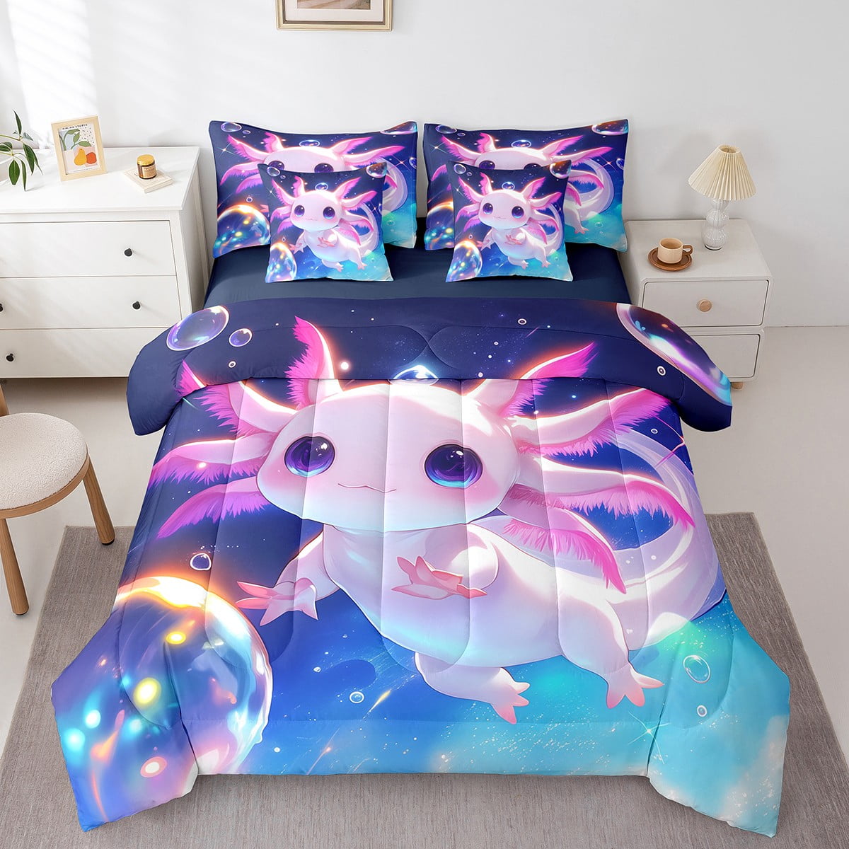 Cartoon Axolotl Bed In A Bag 7 Pcs Cute Axolotl Salamander King Bedding ...