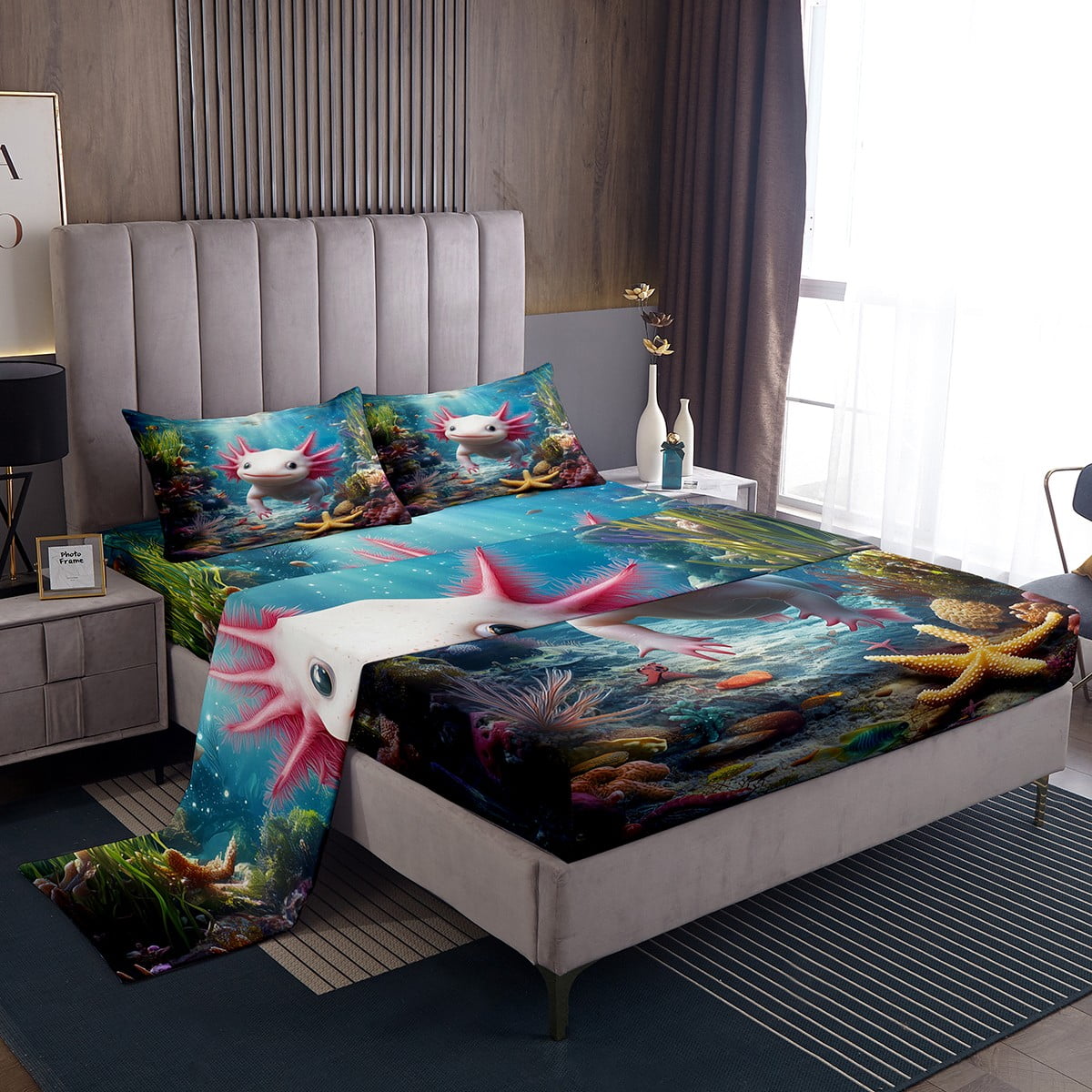 Cartoon Axolotl Bed Sheets Cute 4D Ocean Animal King Bedding Set ...