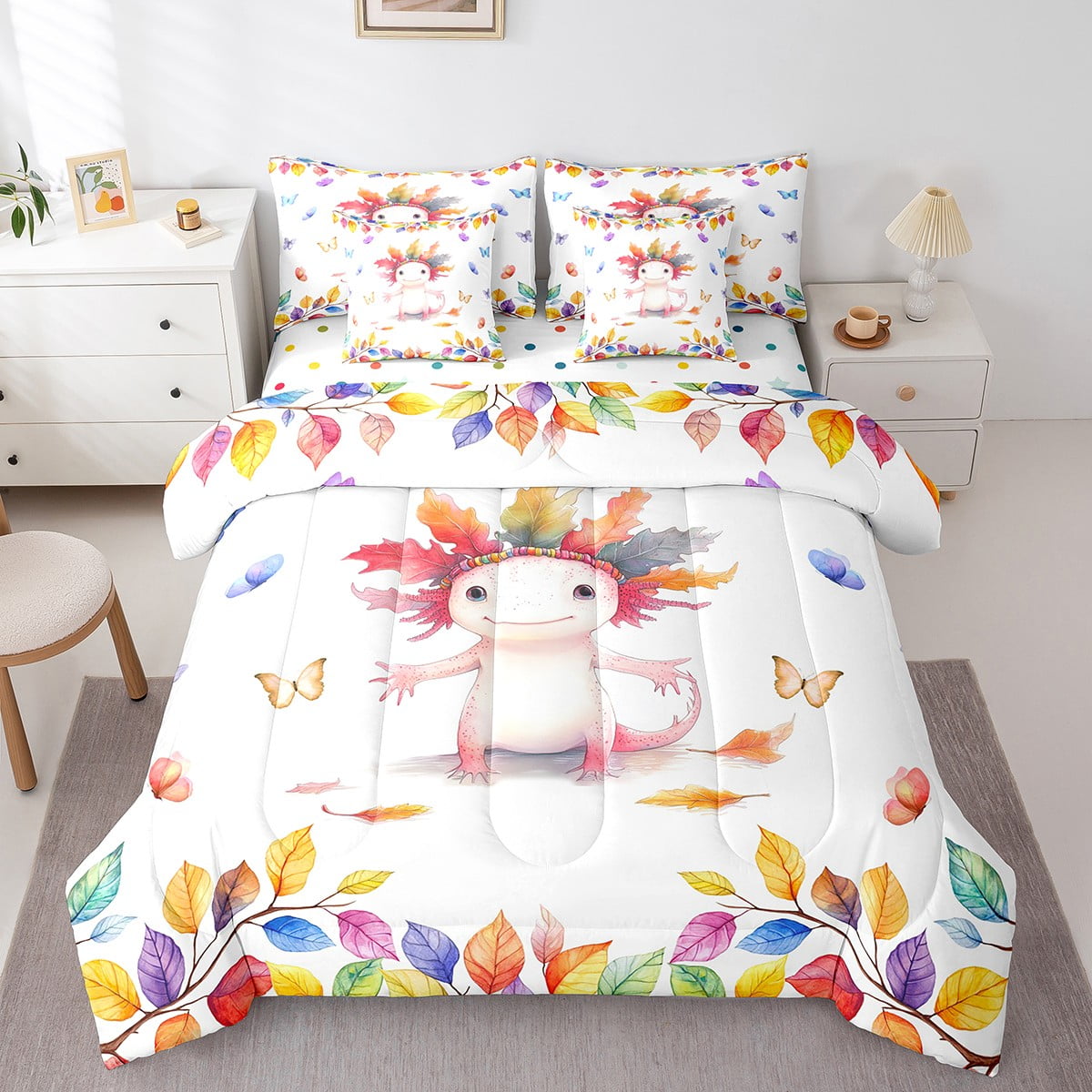Cartoon Axolotl Bedding Comforter Sets 7pcs Cute Animal Full Bedding ...