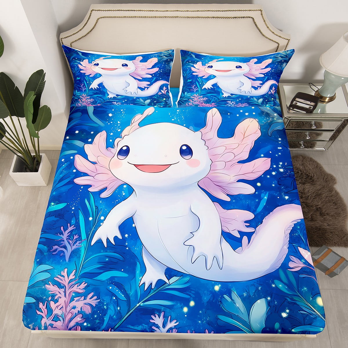 Cartoon Axolotl Bedding Set Cute Ocean Animal Axolotl Queen Fitted ...