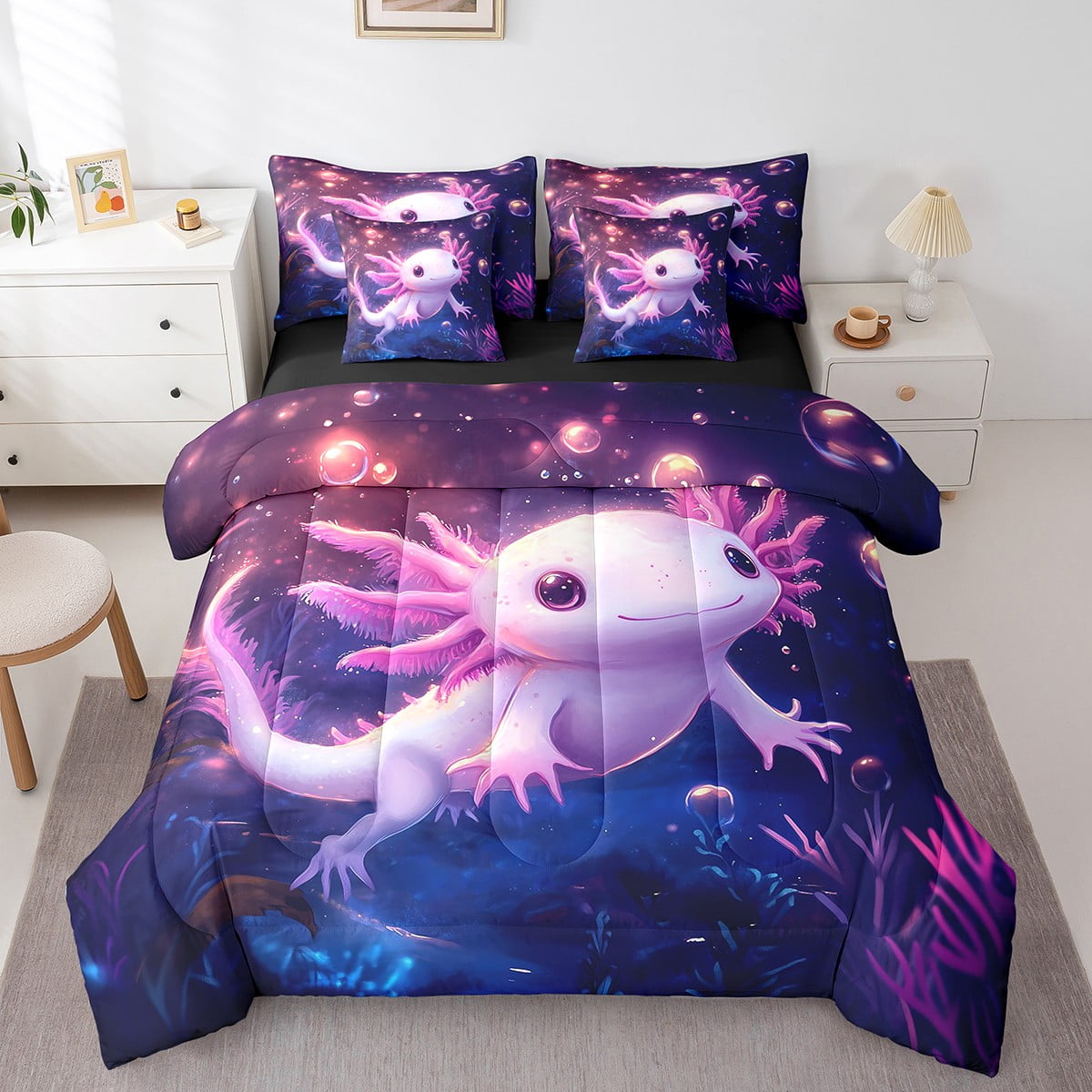 Cartoon Axolotl Bedding Set Cute Ocean Axolotl Animal King Size Bed In ...