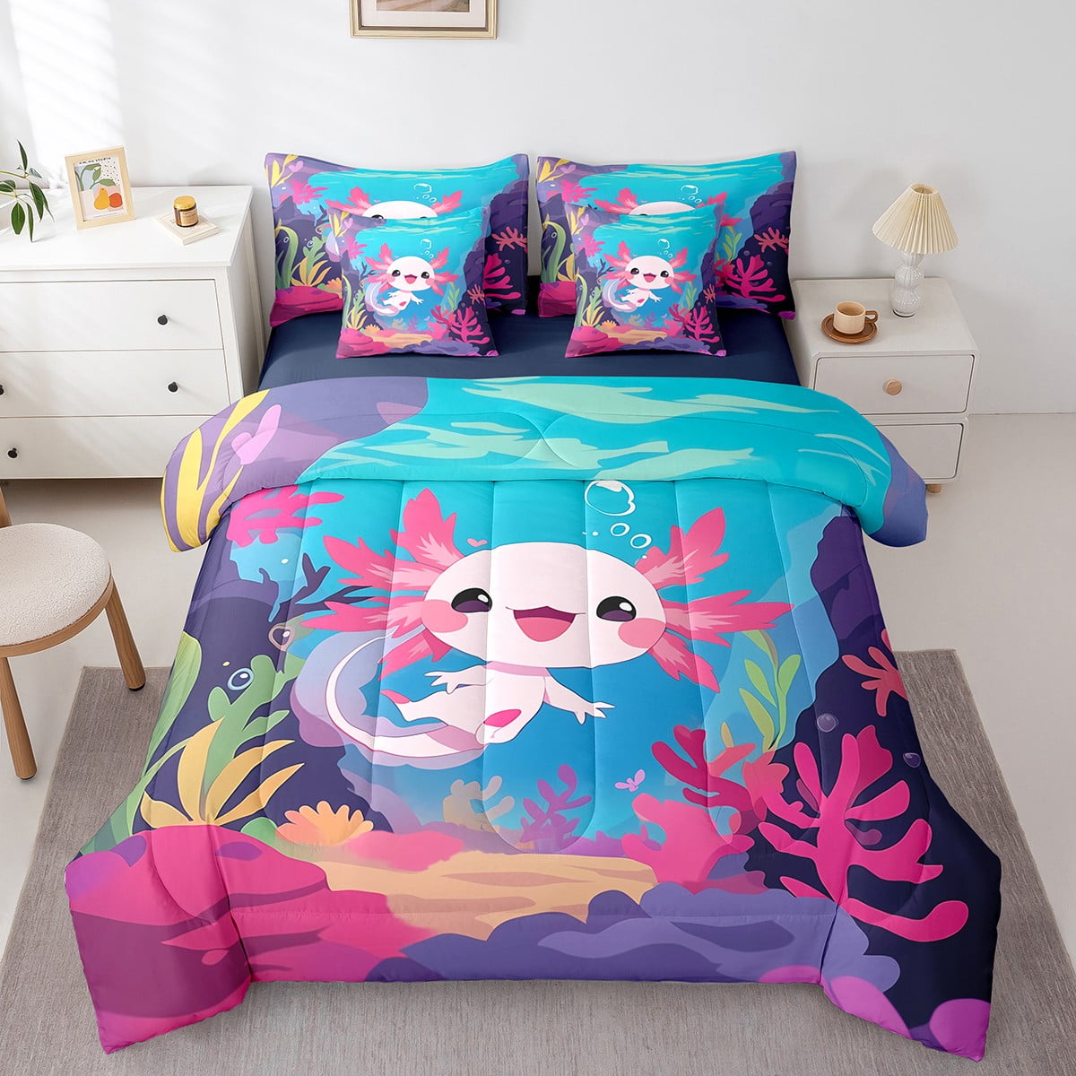 Cartoon Axolotl Bedding Set King Size Cute Animal Comforter Set 7 Piece ...