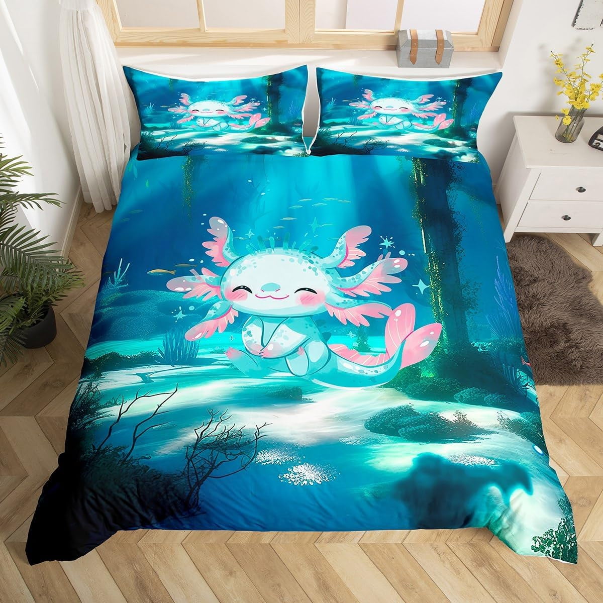 Cartoon Axolotl Bedding Set King Size,Kawaii Ocean Animal Marine Life ...