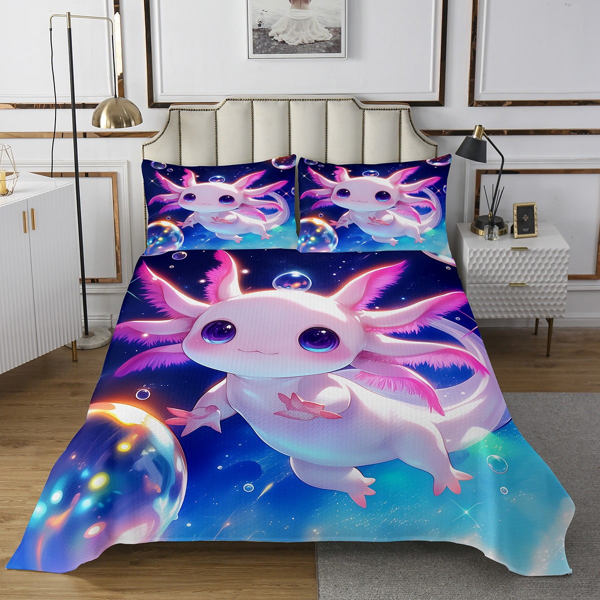 Cartoon Axolotl Bedspread Set Cute Axolotl Salamander King Coverlet Set ...