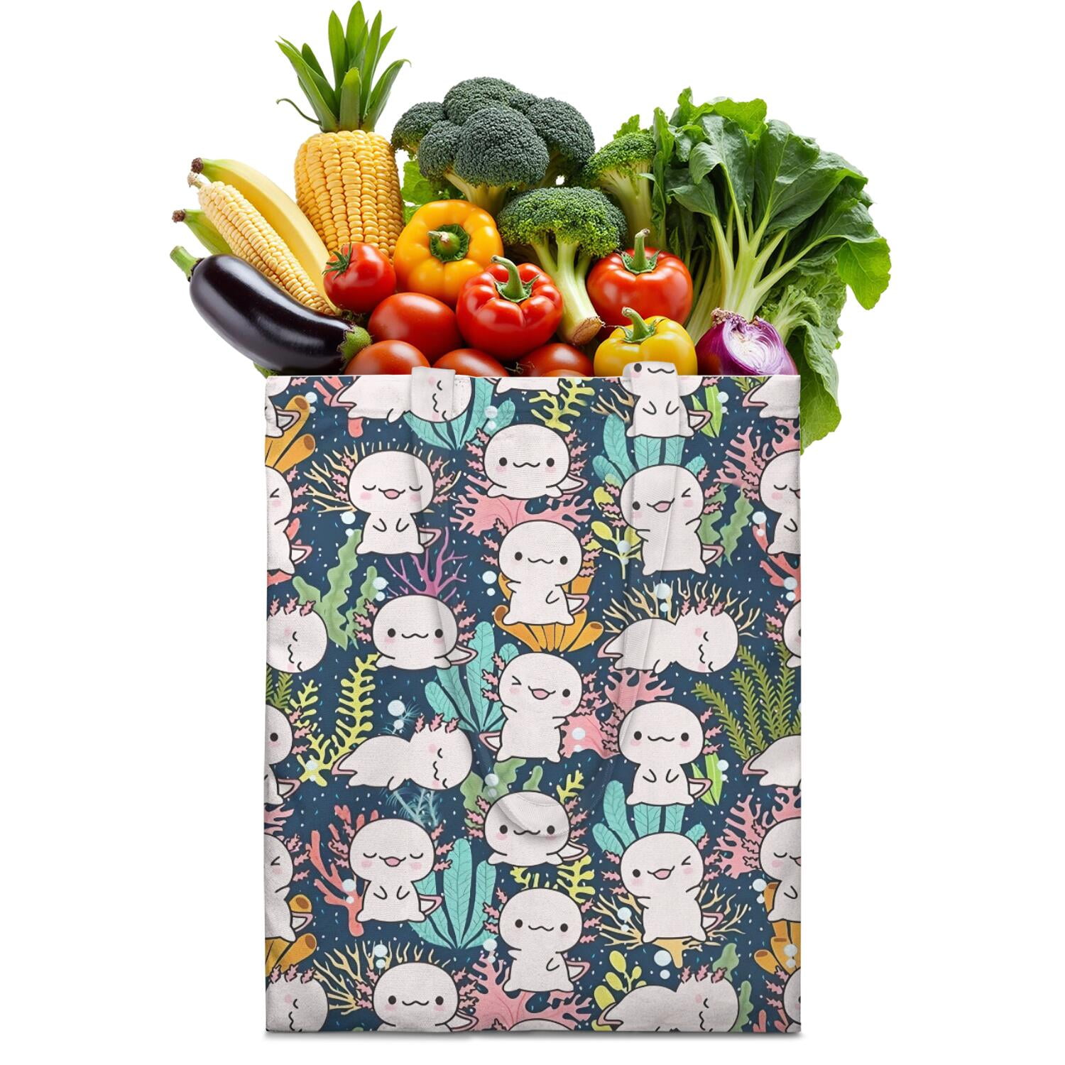Cartoon Axolotl Canvas Tote Bag with Adorable Colorful Mythical ...