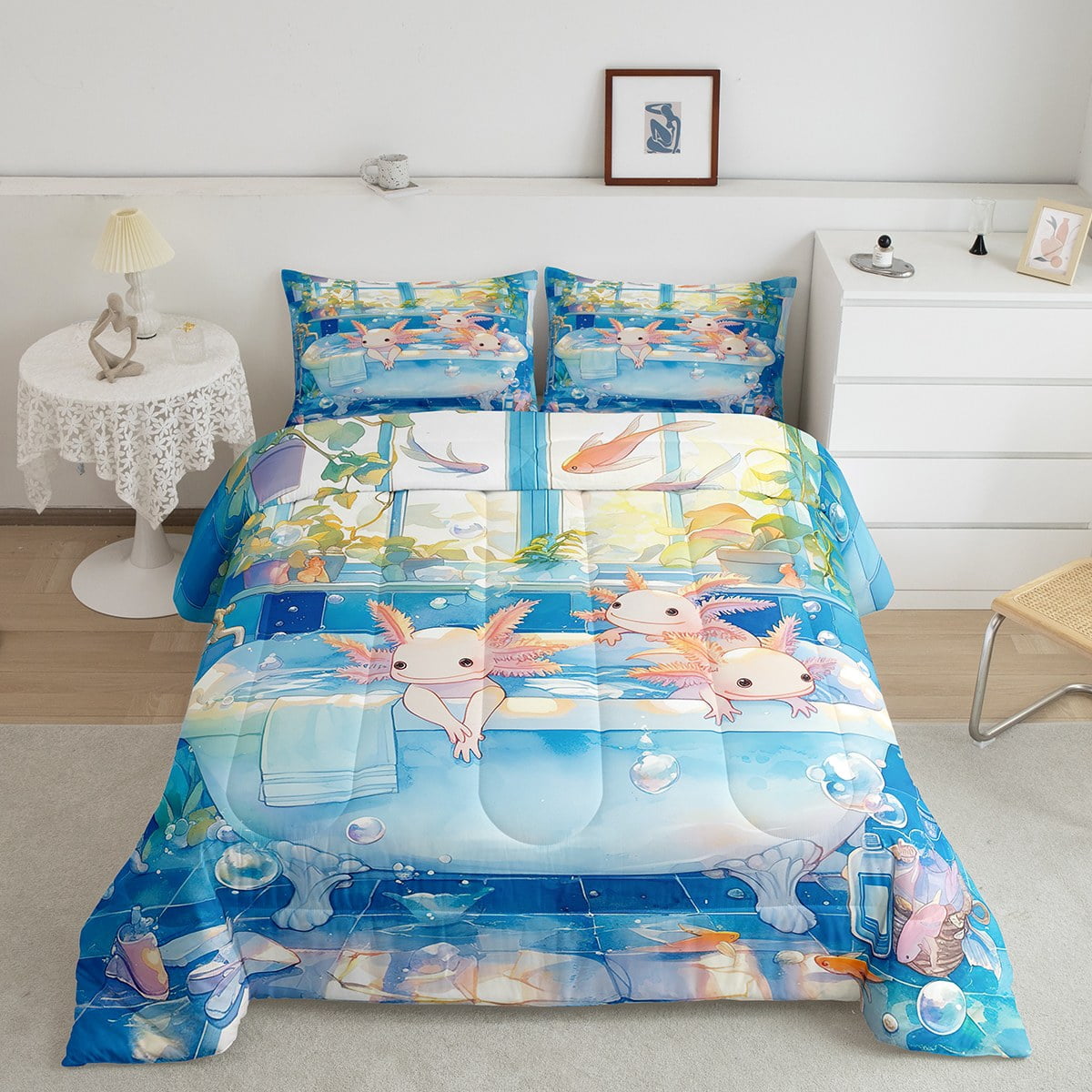 Cartoon Axolotl Comforter Set,Cute Ocean Animals Bedding Set Teens Room ...