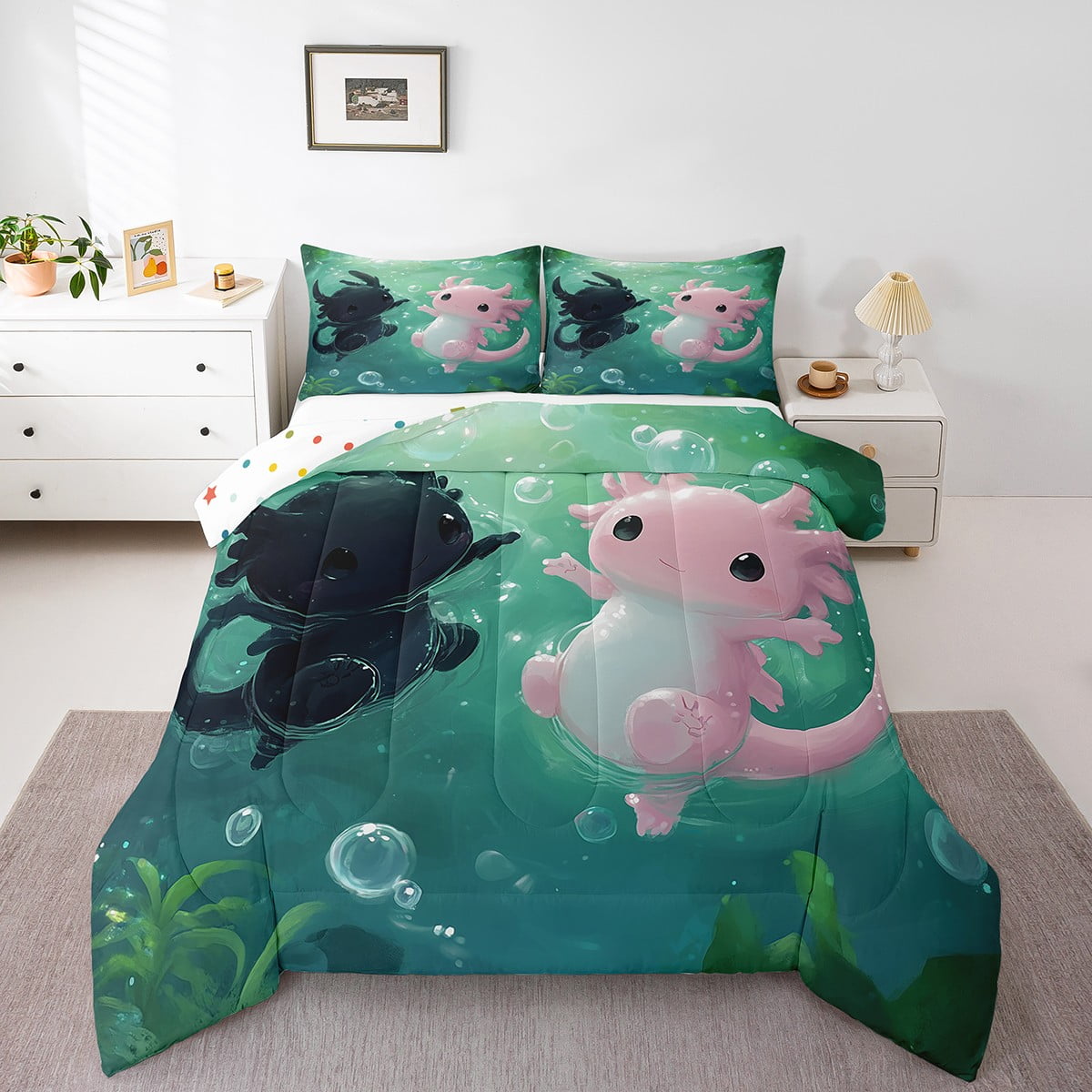 Cartoon Axolotl Comforter Set Pink Black Axolotl Toddler Bedding Set ...