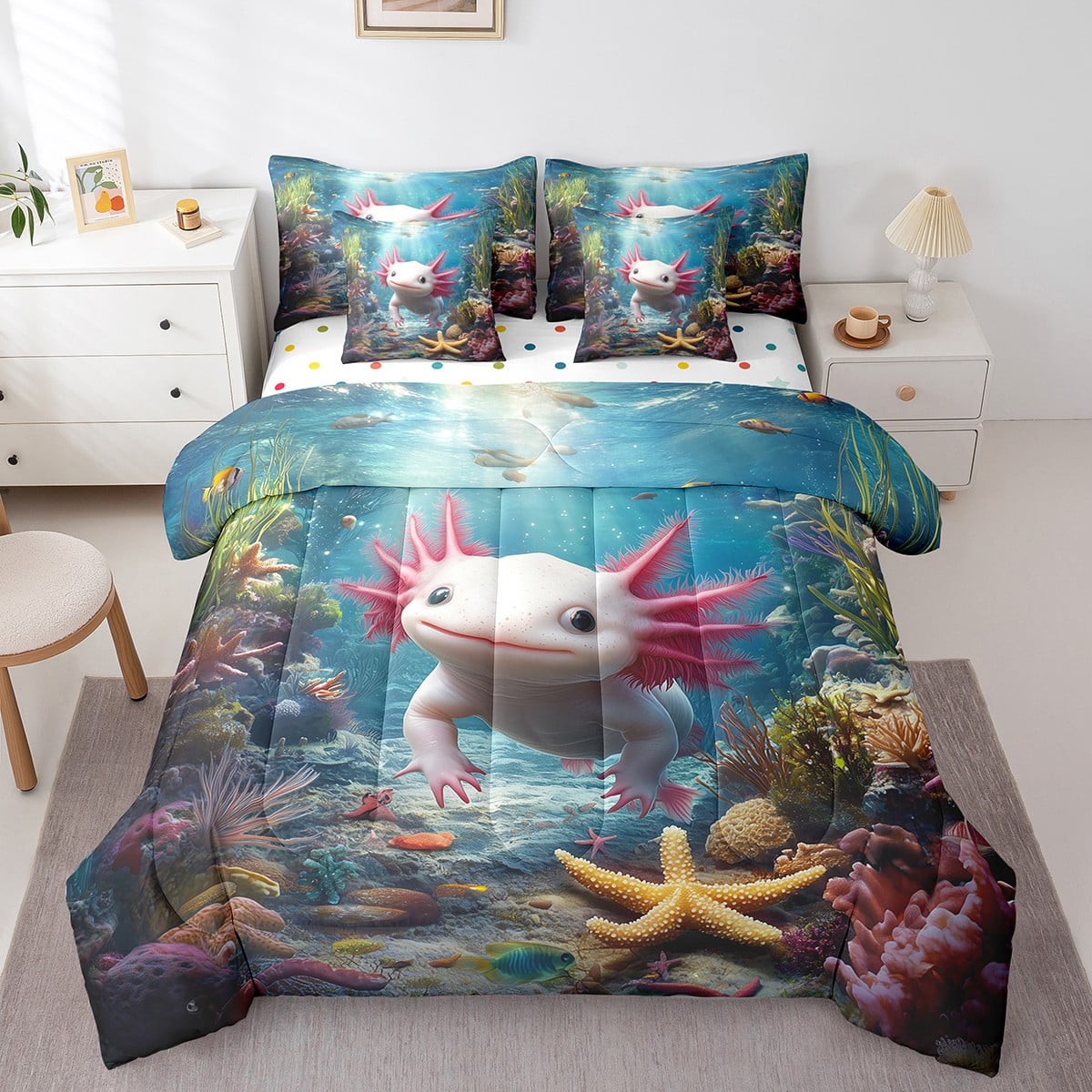 Cartoon Axolotl Comforter Sets Cute 3D Ocean Animal King Bed In A Bag 7 ...