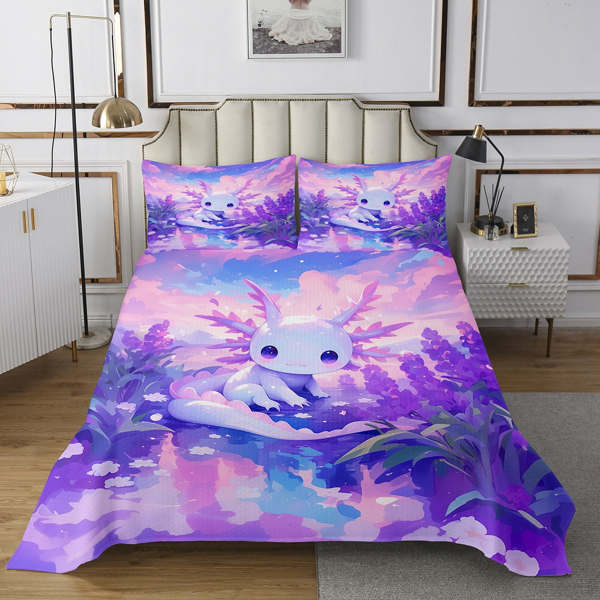 Cartoon Axolotl Kids Bedspread Queen Size,Lavender Flowers Animal Cute ...