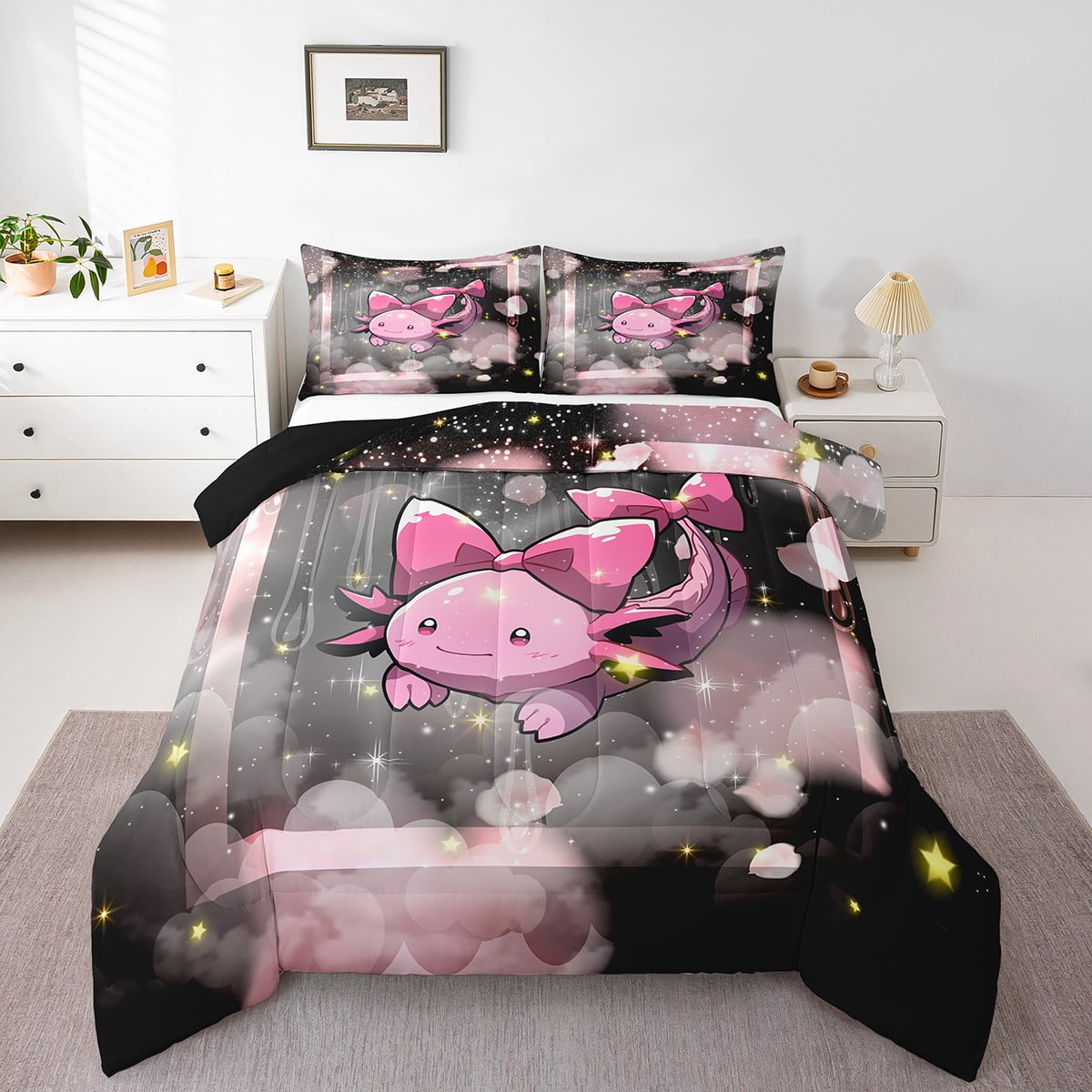 Cartoon Axolotl King Comforter Set Pink Bow Axolotl Bedding Set Cute ...