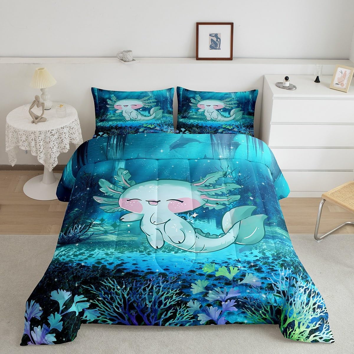 Cartoon Axolotl King Size Comforter Set,Cute 3D Ocean Animal Quilt Set ...