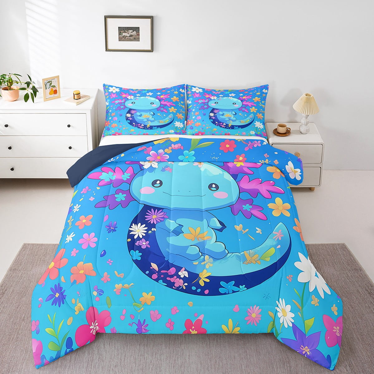 Cartoon Axolotl King Size Comforter Set, Cute Ocean Animal Bedding Sets ...