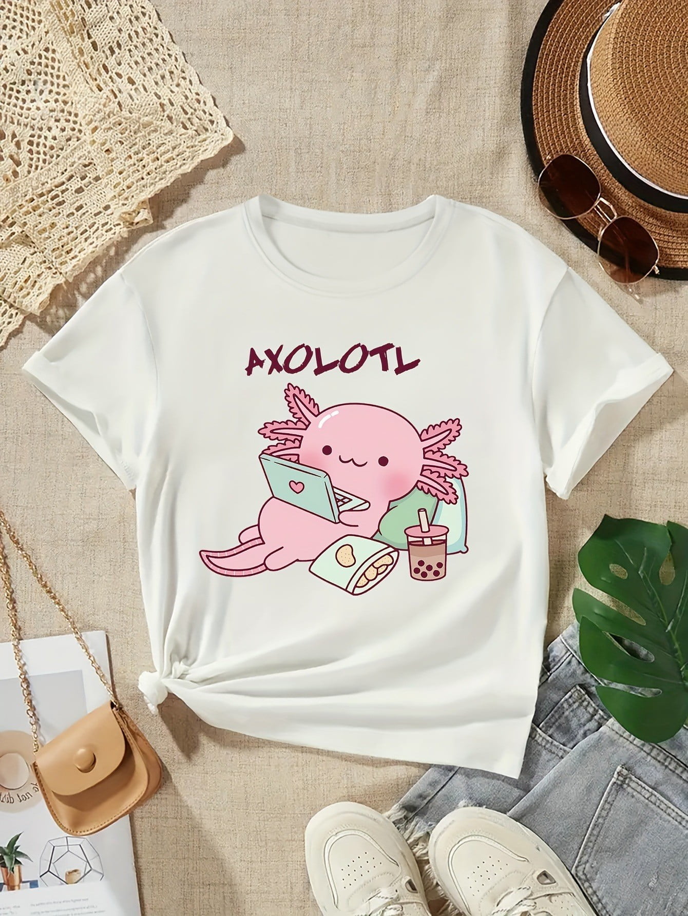 Cartoon Axolotl With Laptop & Bubble Tea Graphic Print, Tween Girls ...
