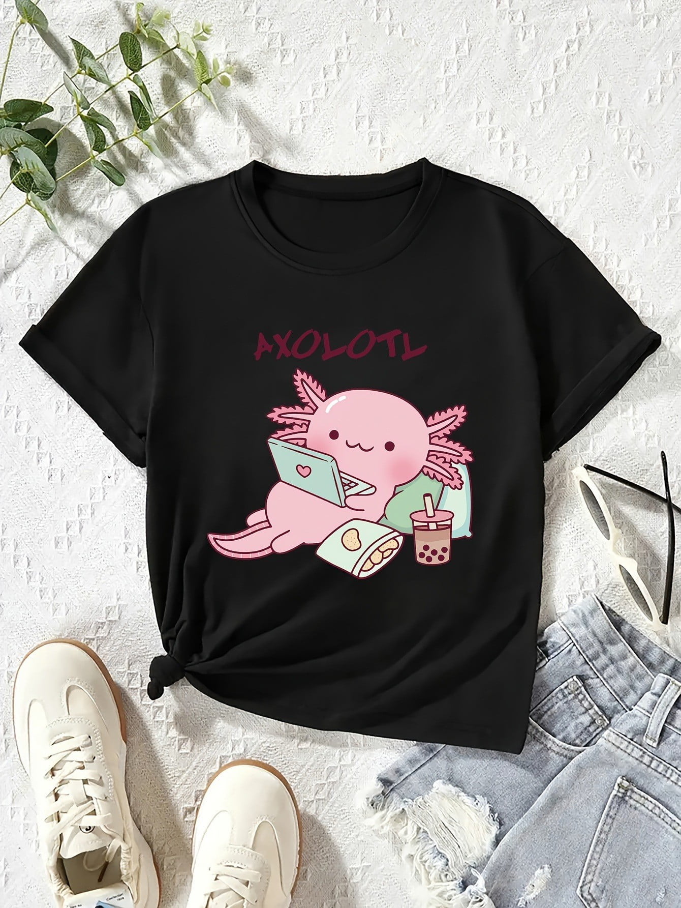 Cartoon Axolotl With Laptop & Bubble Tea Graphic Print, Tween Girls ...