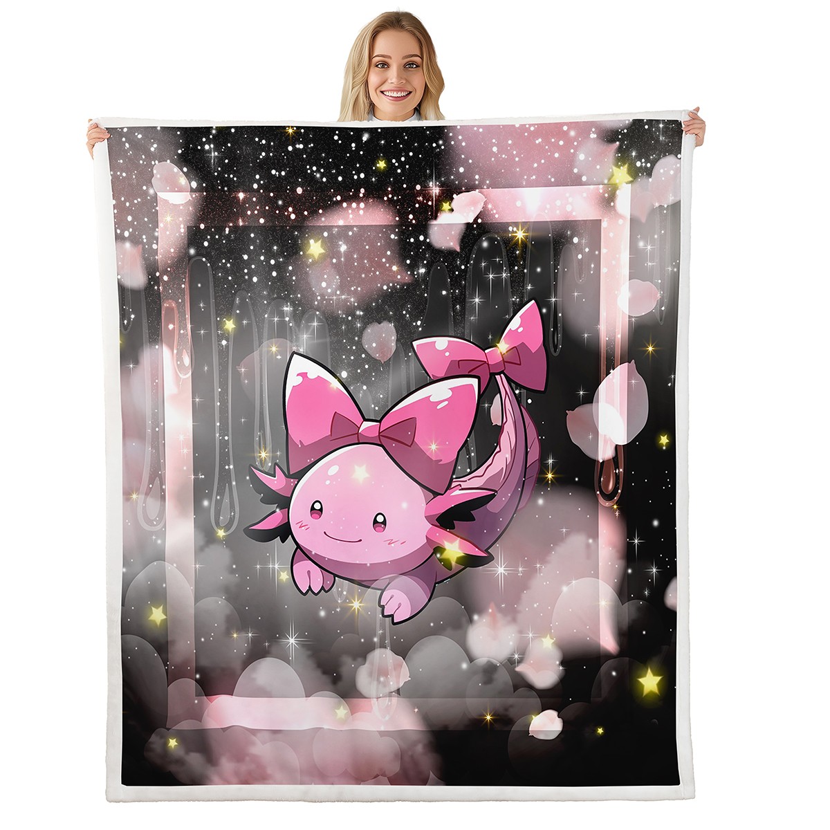 Cartoon Axolotl Queen 90"X90" Fleece Bed Blanket Pink Bow Axolotl Throw ...