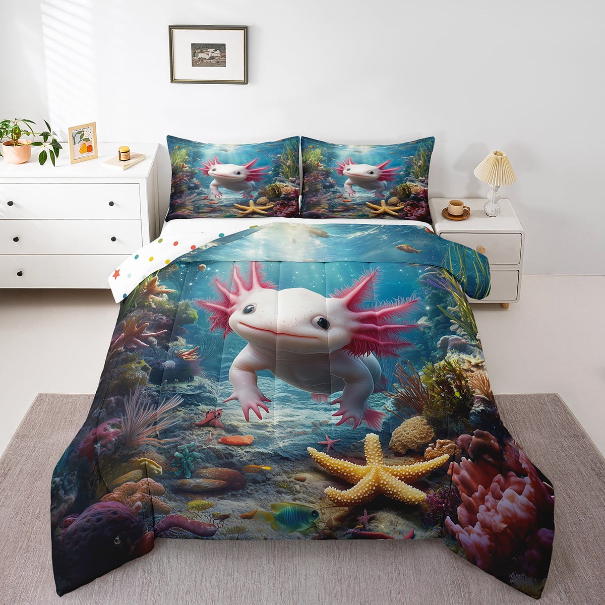 Cartoon Axolotl Queen Comforter Set Cute 3D Ocean Animal Bedding Set ...