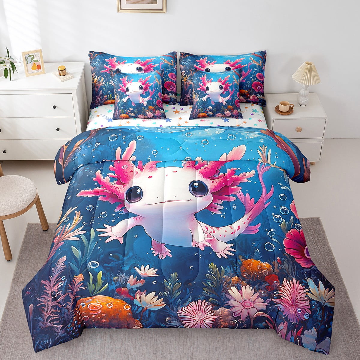 Cartoon Axolotl Queen Comforter Set Cute Ocean Axolotl 7-Piece Bed In A ...