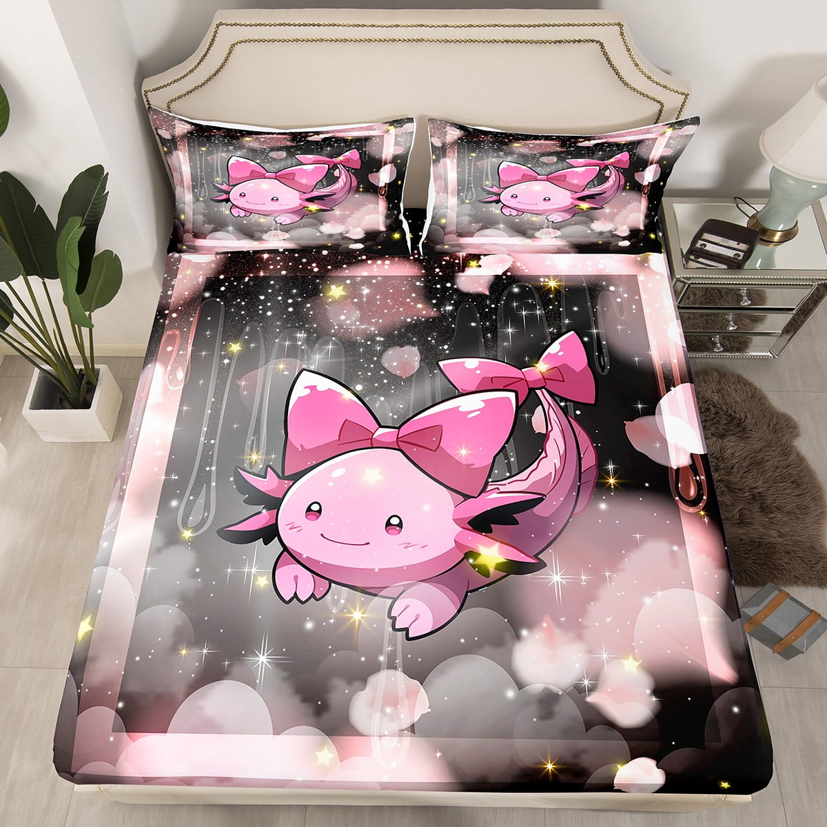 Cartoon Axolotl Queen Fitted Sheet Pink Bow Axolotl Bedding Set Cute ...