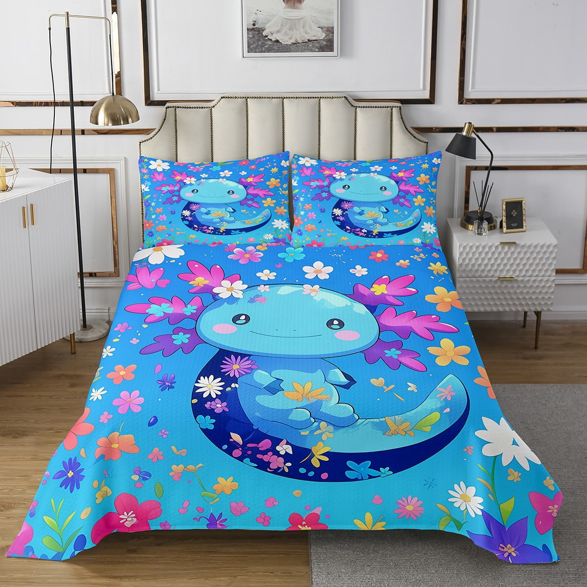 Cartoon Axolotl Queen Size Quilt Set, Cute Ocean Animal Bedspread Blue ...