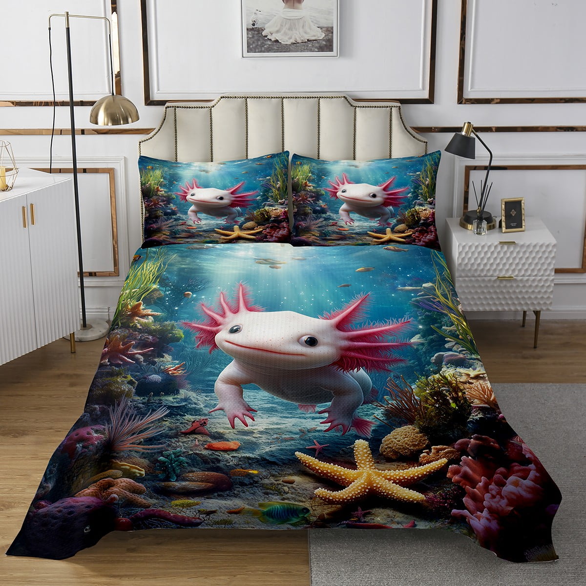 Cartoon Axolotl Quilt Set Cute 3D Ocean Animal Twin Bedspread Set ...