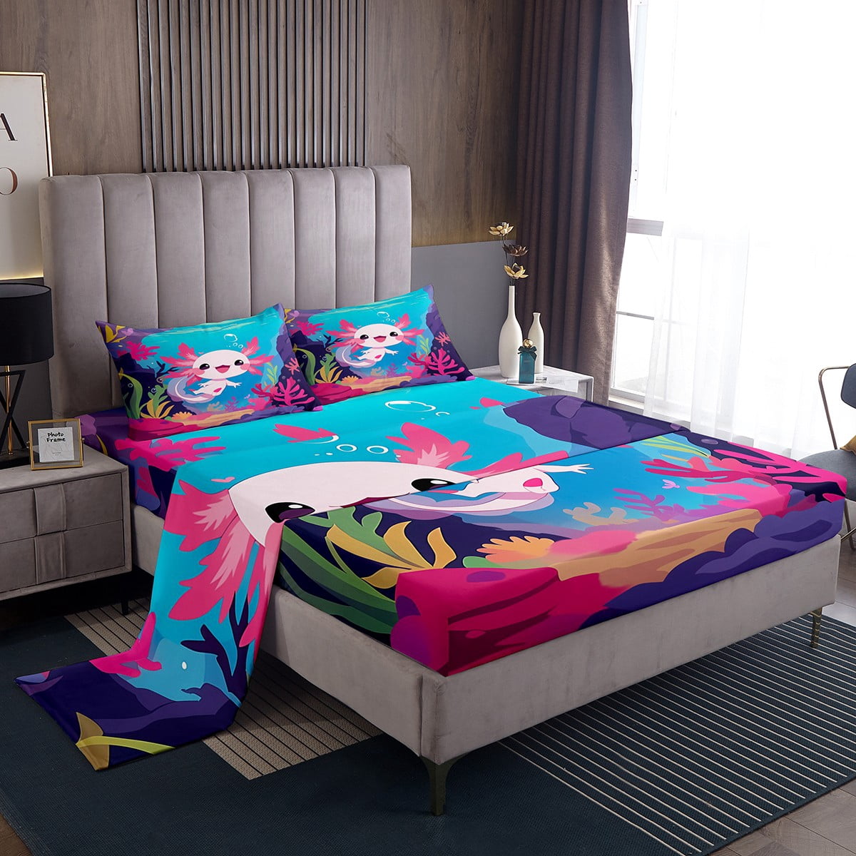 Cartoon Axolotl Sheet Set Queen Size Cute Animal Bed Sheets Set for ...