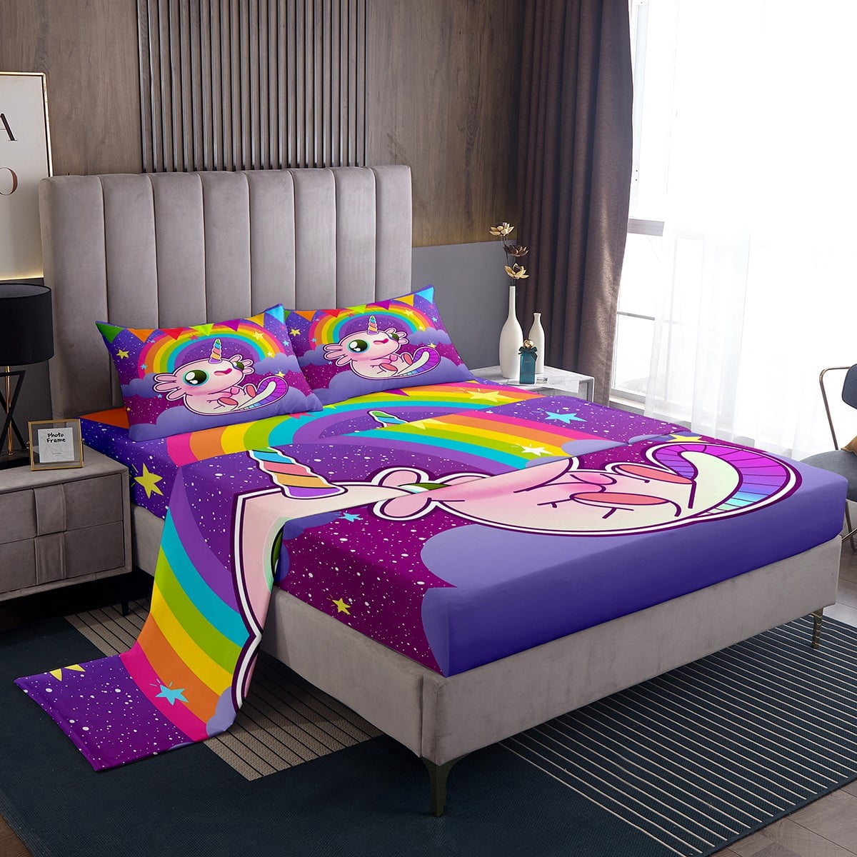 Cartoon Axolotl Sheet Set Twin Bed Sheets Set Cute Rainbow Unicorn ...