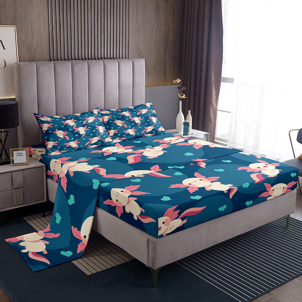 Cartoon Axolotl Sheet Set Twin Cute Animals Bed Sheets Set Funny Blue ...