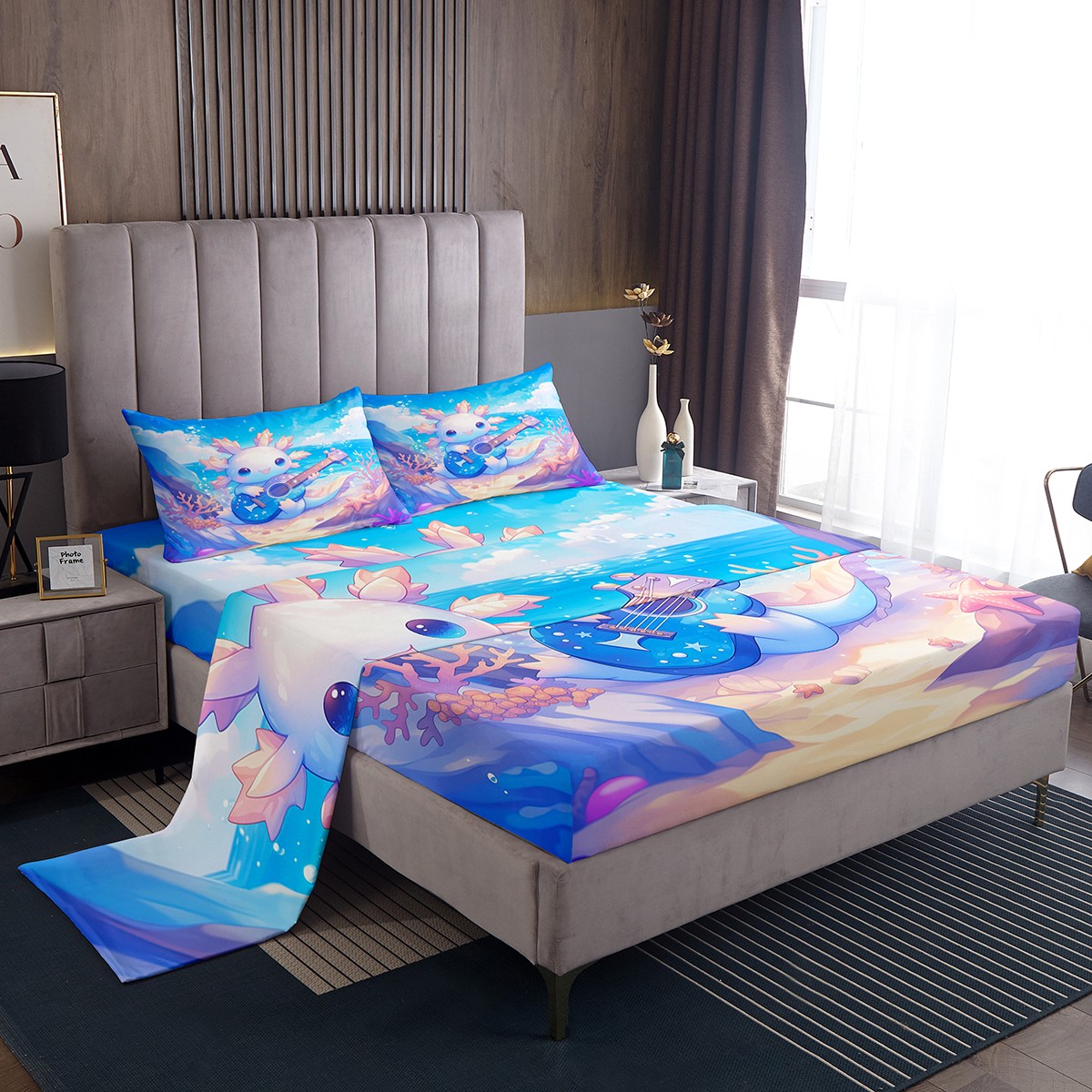 Cartoon Axolotl Sheets,Blue Salamander Cute Queen Sheet Set Guitar ...