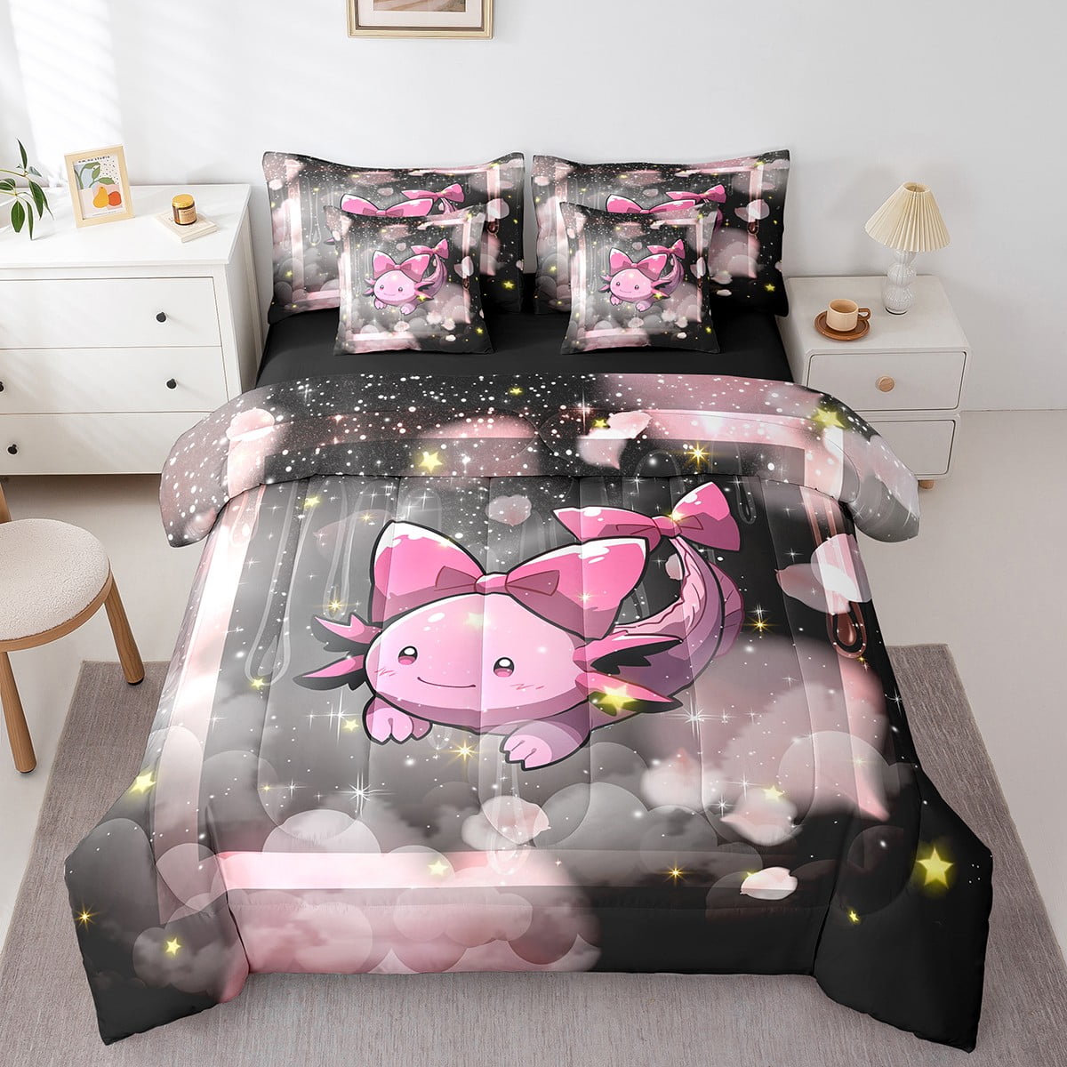 Cartoon Axolotl Twin Comforter Sets Pink Bow Axolotl Bed In A Bag 7 Pcs ...
