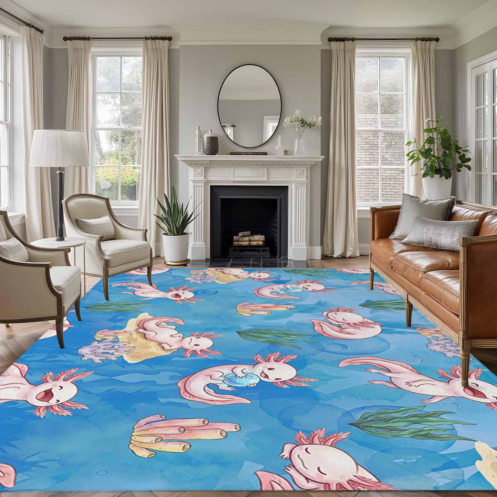 Cartoon Axolotl Washable Living Room Rugs 6'x9', Pink Ambystoma ...