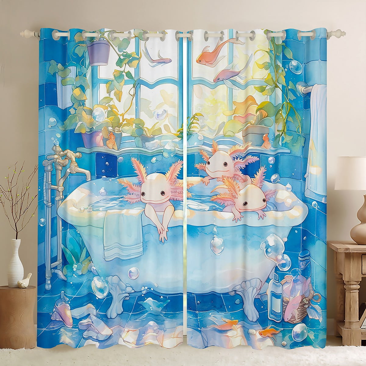 Cartoon Axolotl Window Curtain,Cute Ocean Animals Curtains for Kids ...
