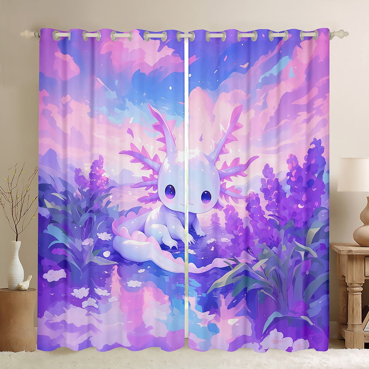 Cartoon Axolotl Window Curtains,Lavender Flowers Animal Cute Window ...