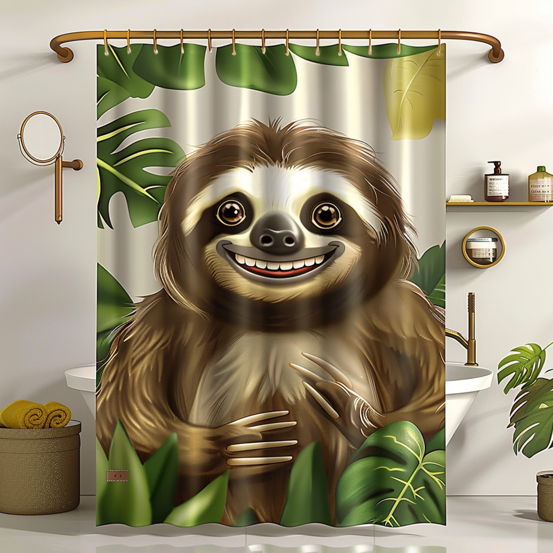 Cartoon Baby Sloth Shower Curtain with Green Leaves and Bathroom ...