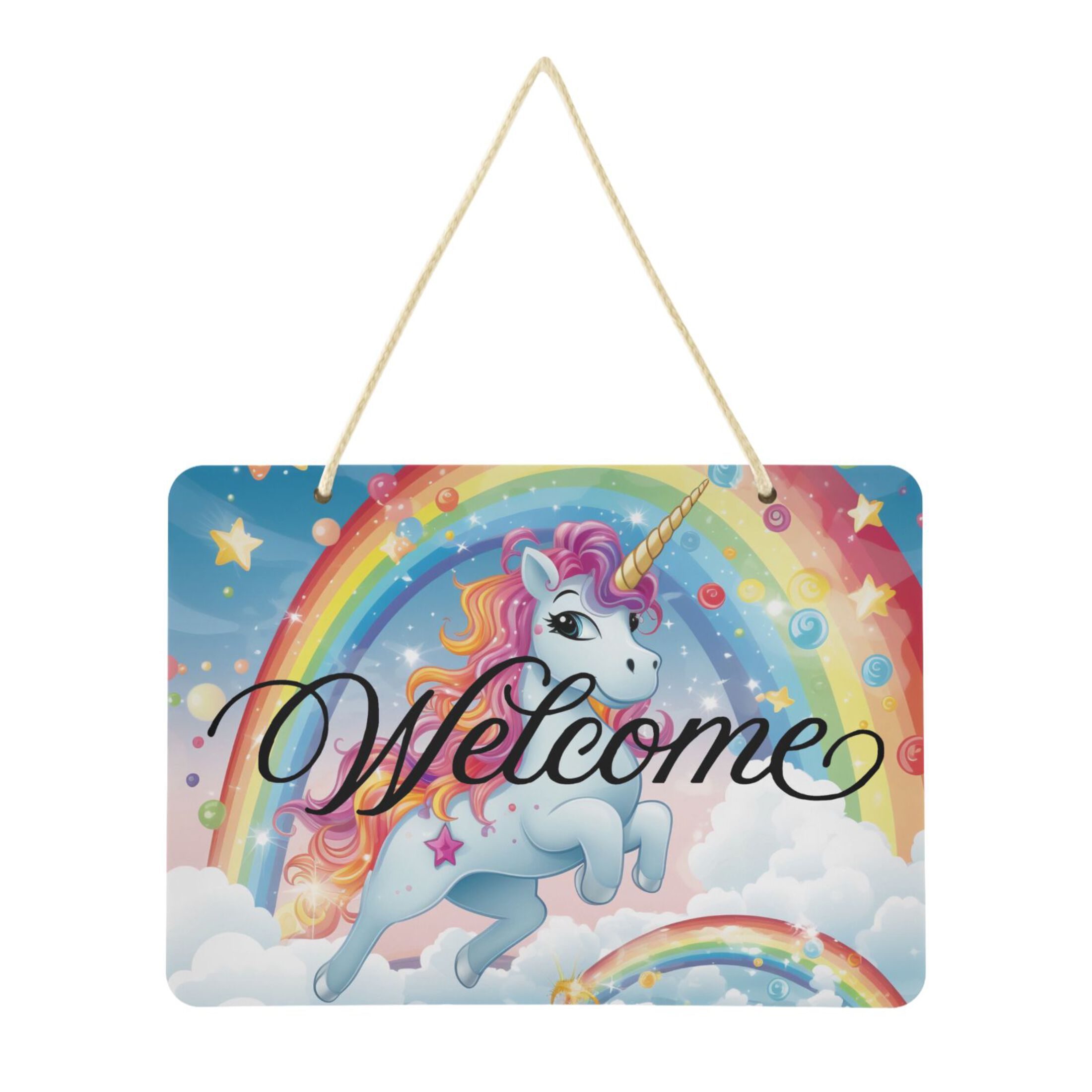 Cartoon Baby Unicorn and Rainbow Welcome Sign Front Door PVC 14x10 inch ...