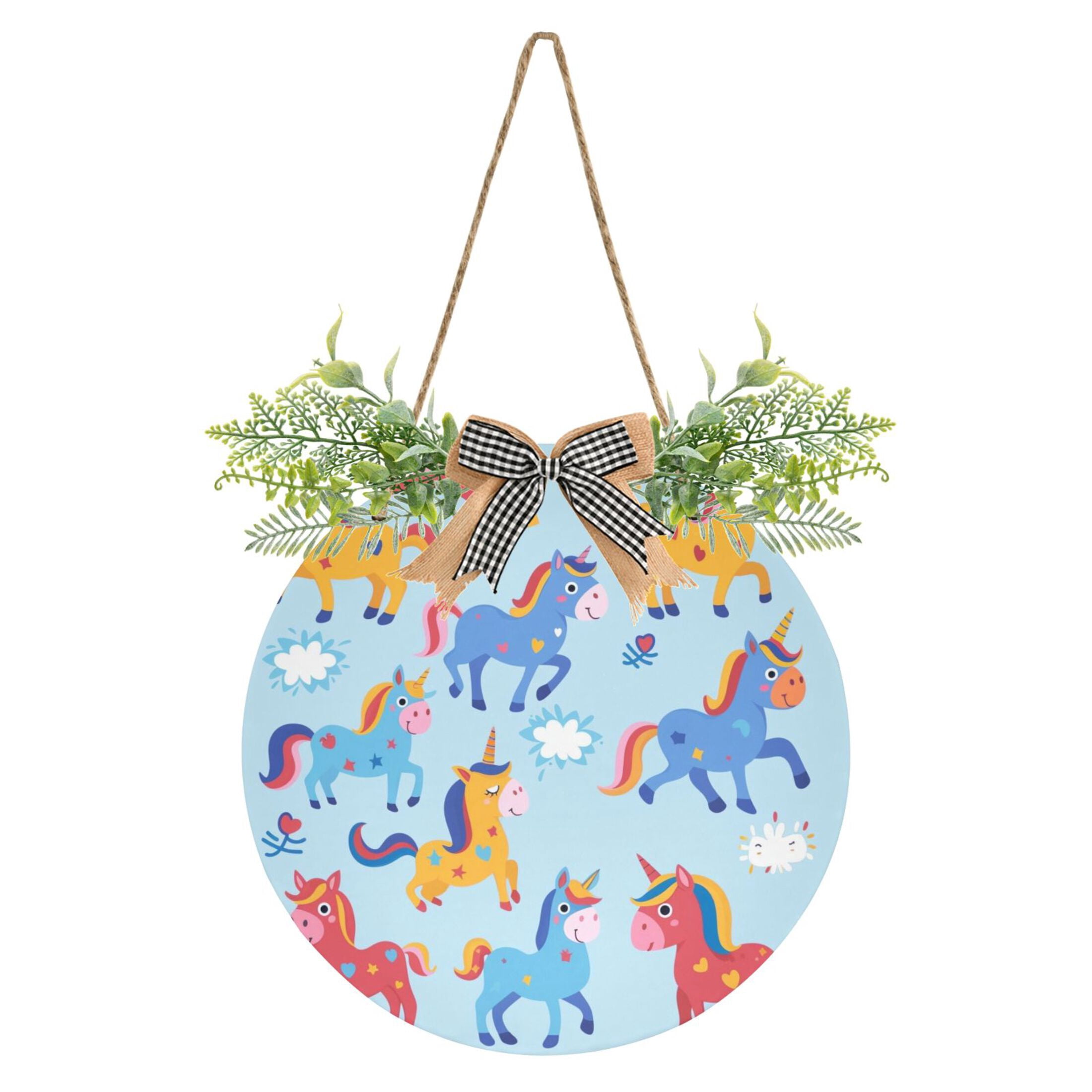 Cartoon Baby Unicorns Welcome Front Door Sign Round 12 inch Porch ...