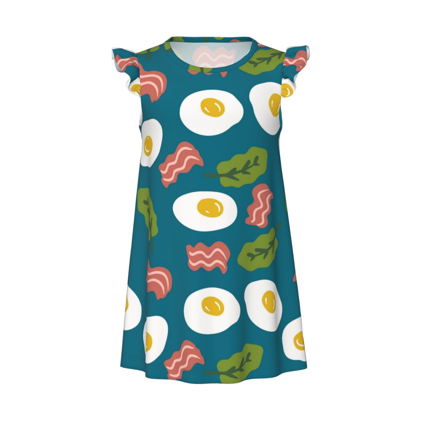 Cartoon Bacon Omelette Print Girls Nightgown, Flutter Short Sleeves ...