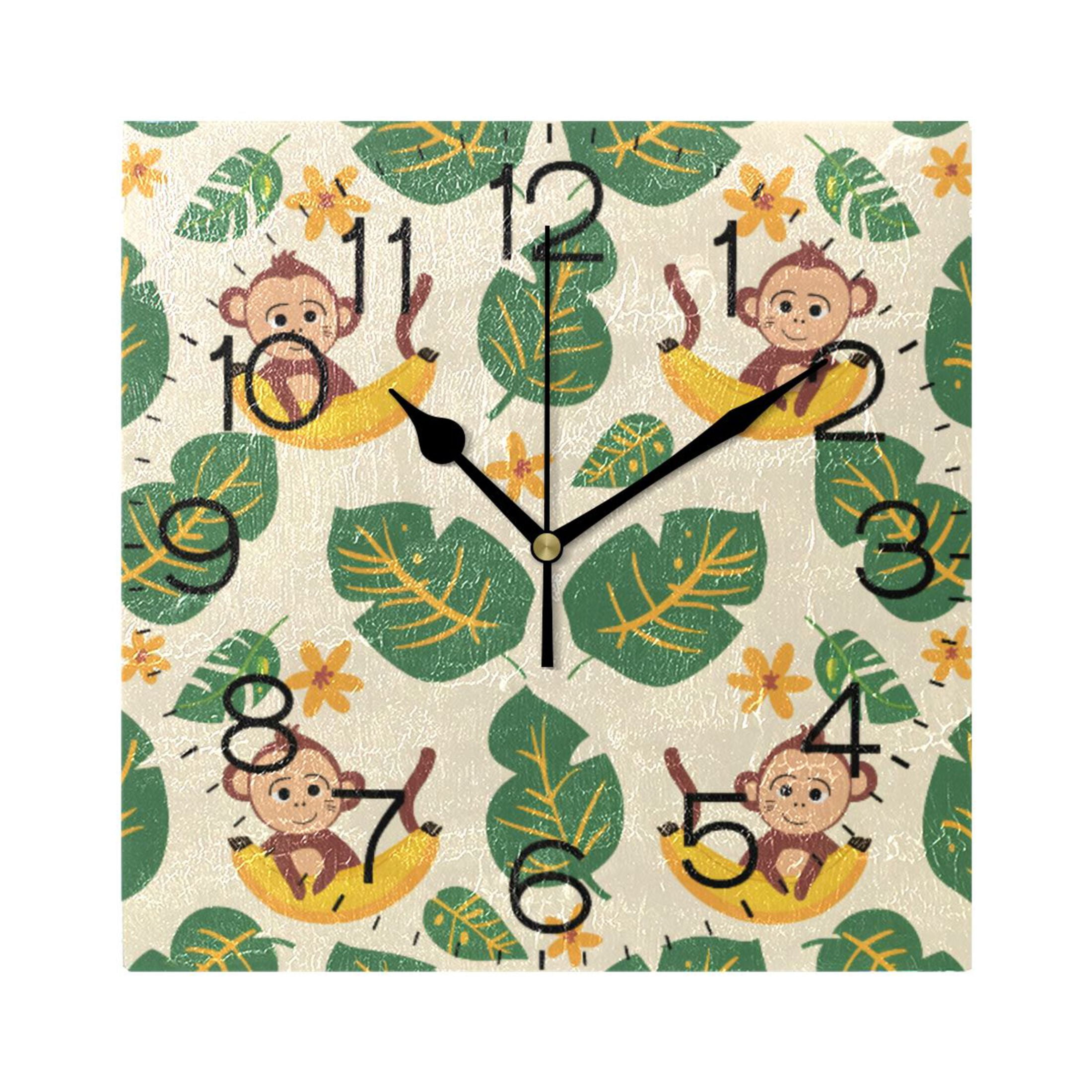Cartoon Banana Monkey Leaf Wall Clock 7.78" Non-Ticking Silent Battery ...