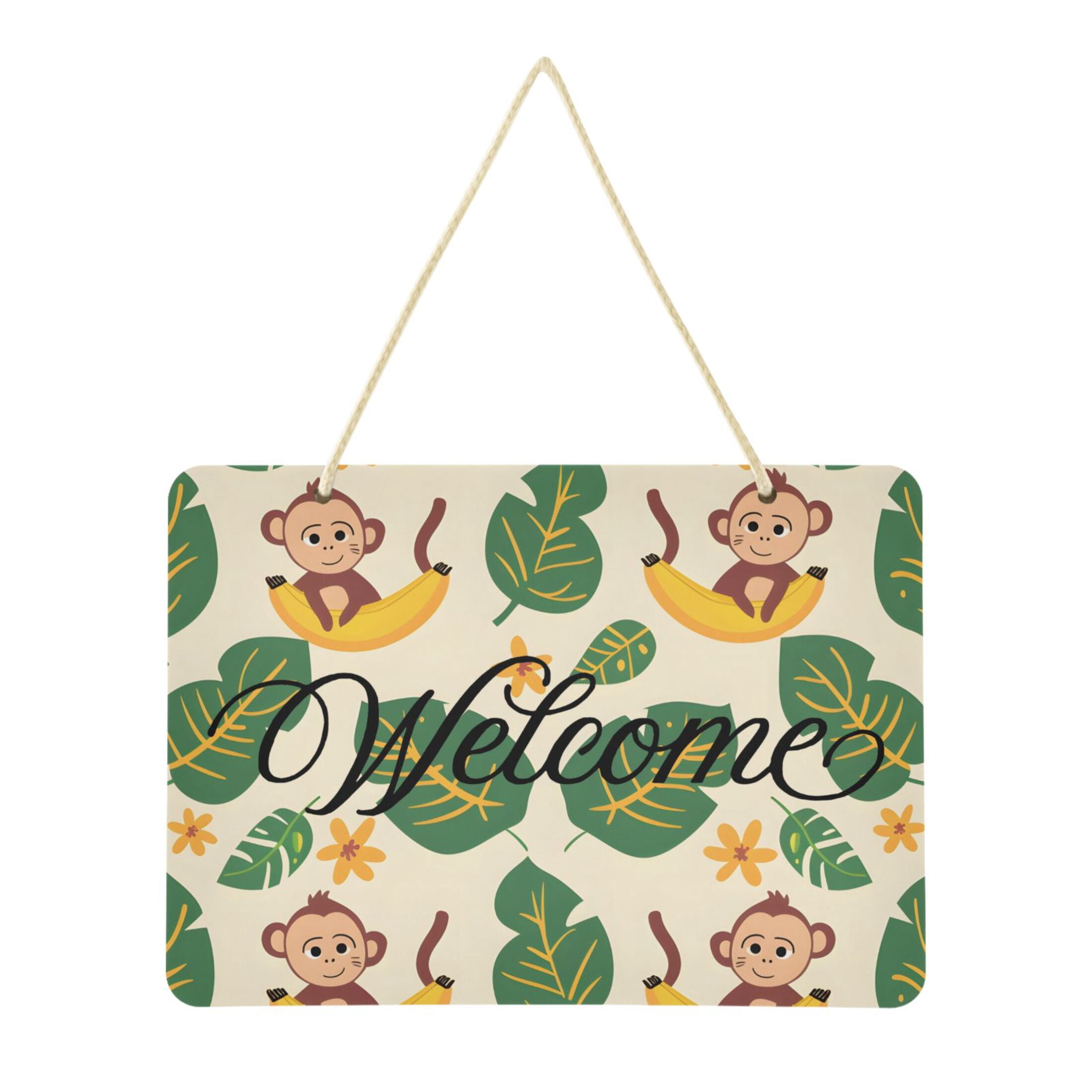 Cartoon Banana Monkey Leaf Welcome Sign Front Door PVC 14x10 inch ...