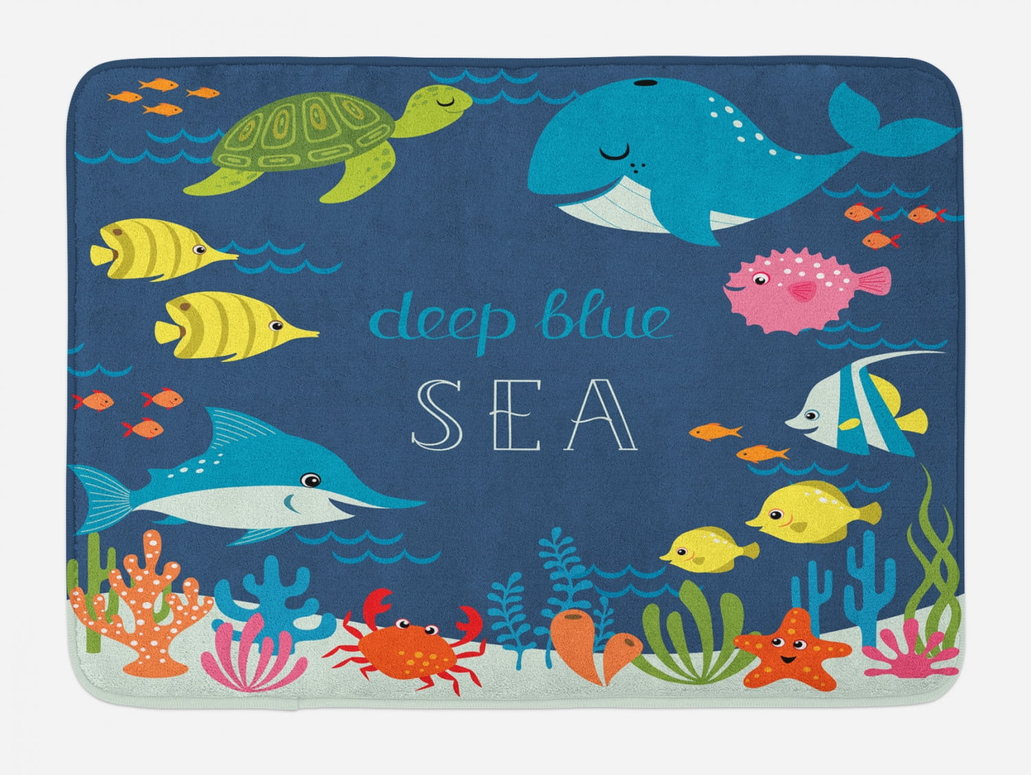 Cartoon Bath Mat, Artsy Underwater Graphic with Algaes Coral Reefs ...