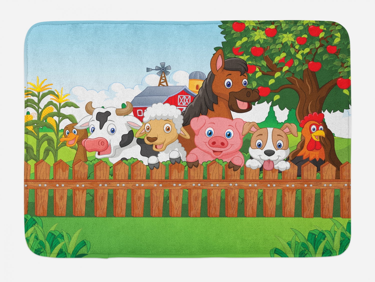 Cartoon Bath Mat, Collection Cute Farm Animals on Fence Comic Mascots ...