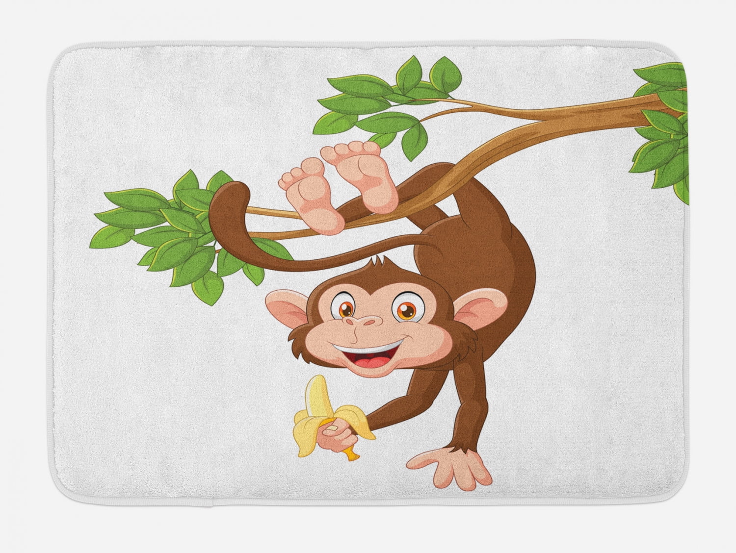 Cartoon Bath Mat, Funny Monkey Hanging from Tree and Holding Banana ...