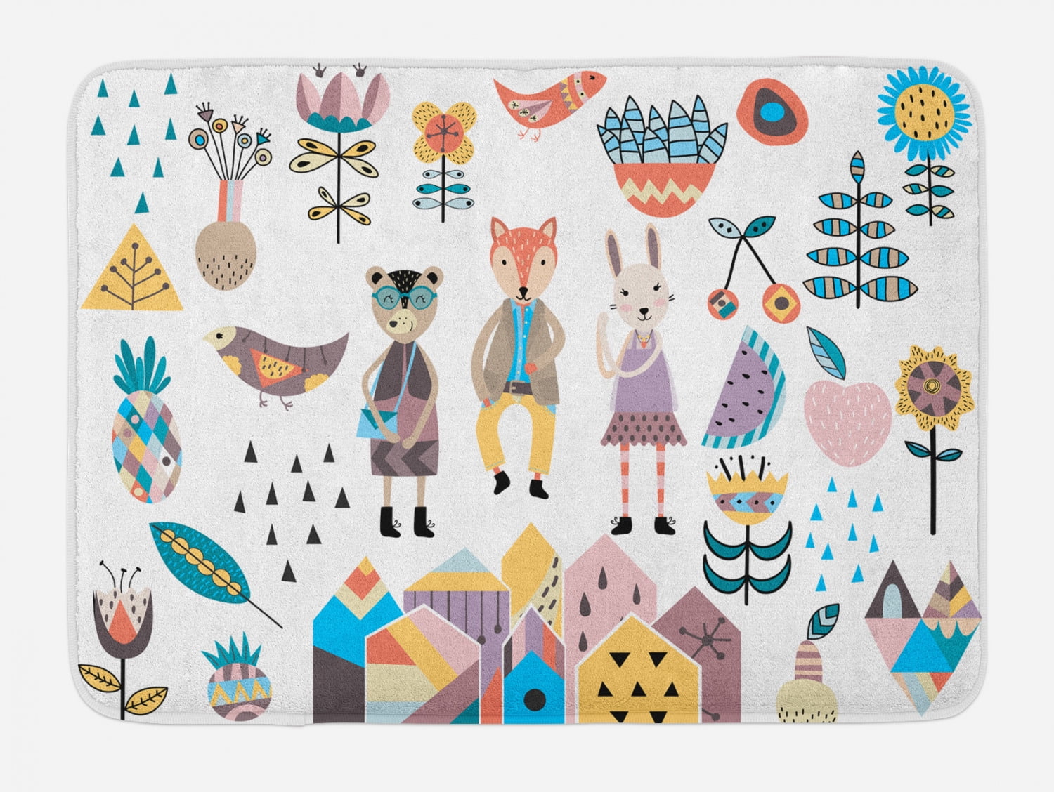 Cartoon Bath Mat, Hand Drawn Fox Bunny and Bear with Human Clothing ...