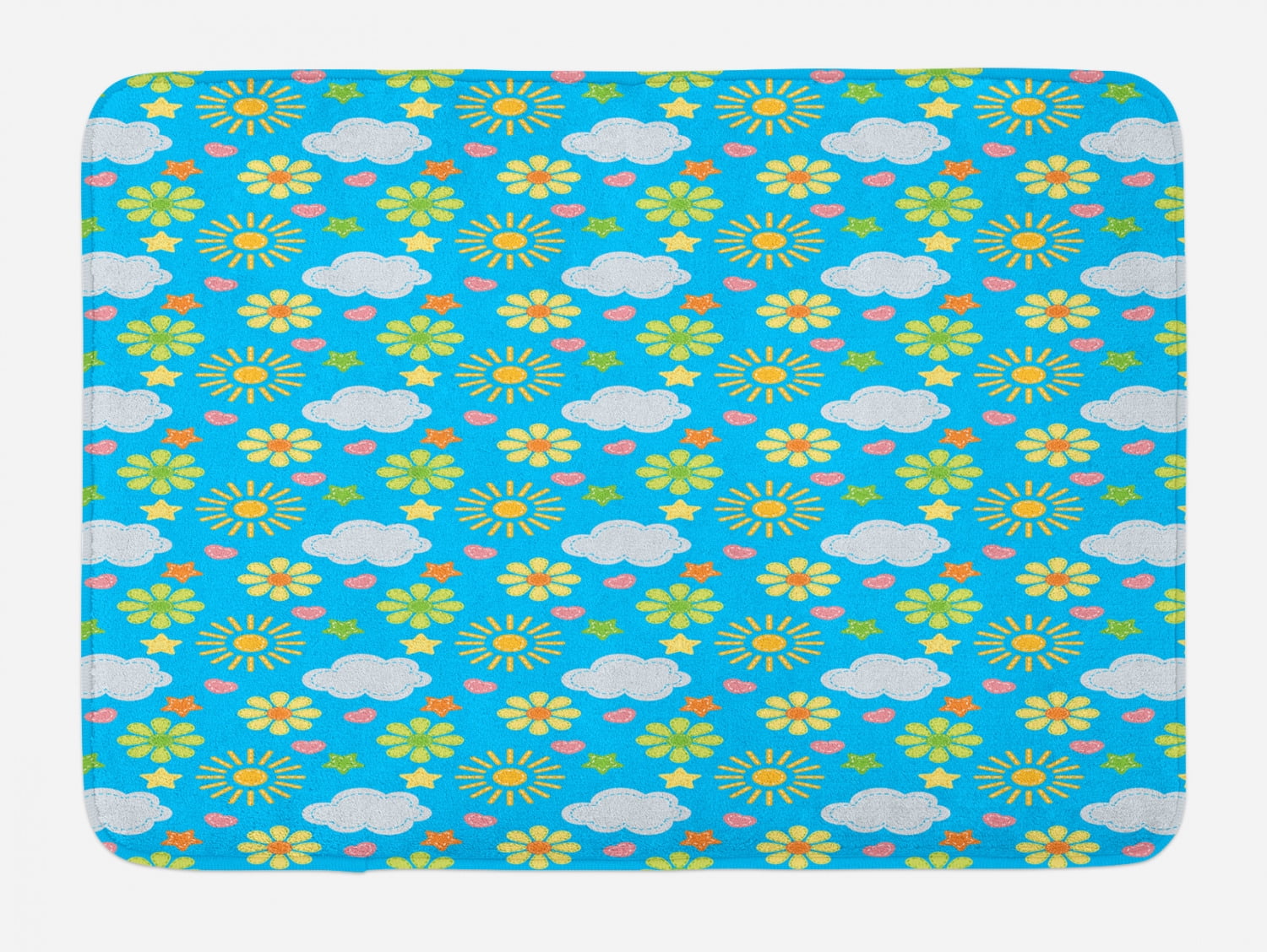 Cartoon Bath Mat, Theme Sun Sky Clouds Stars Hearts Stitched Look ...