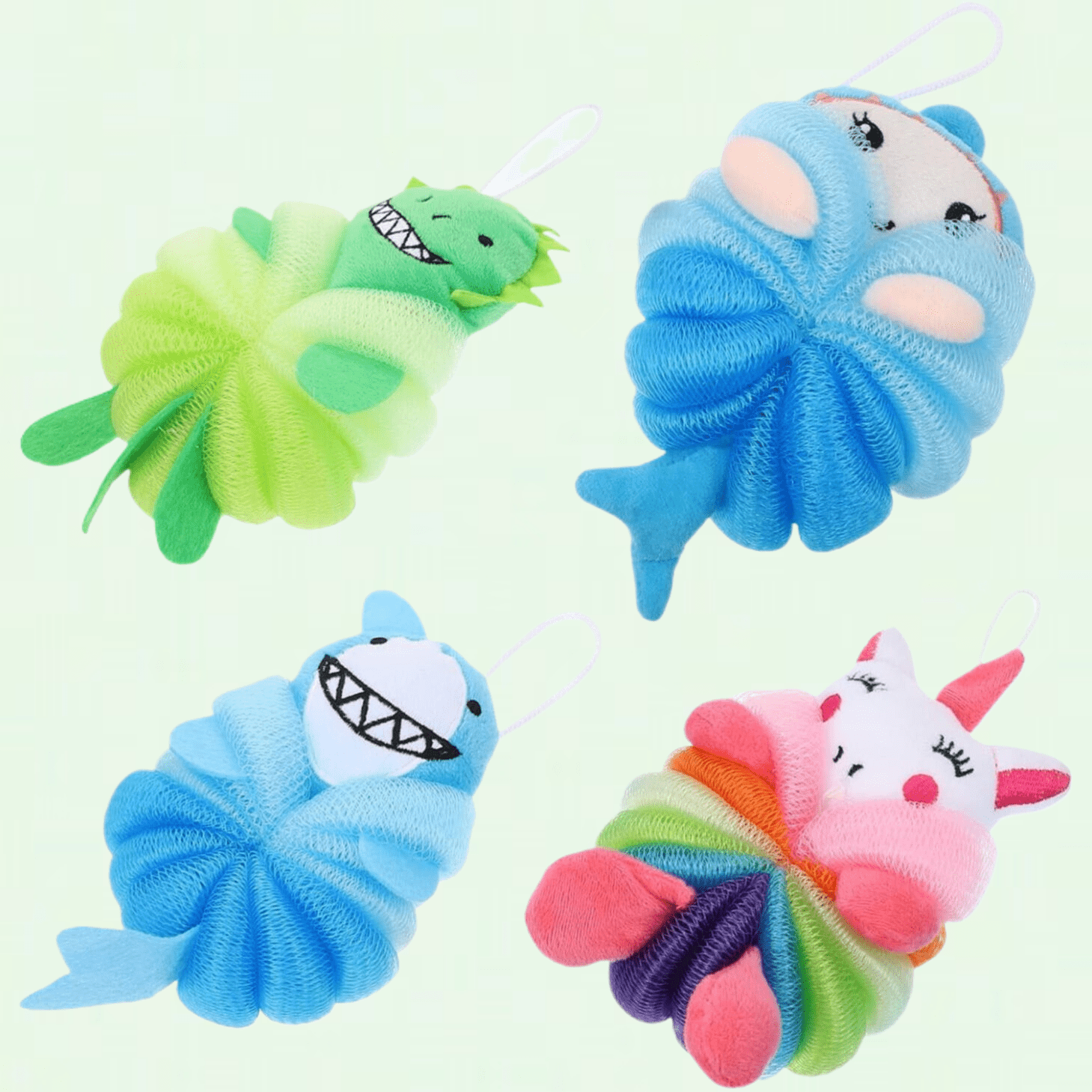 Cartoon Bath Sponge Set of 4, PE Material, Soft and Safe, Hanging Rope ...