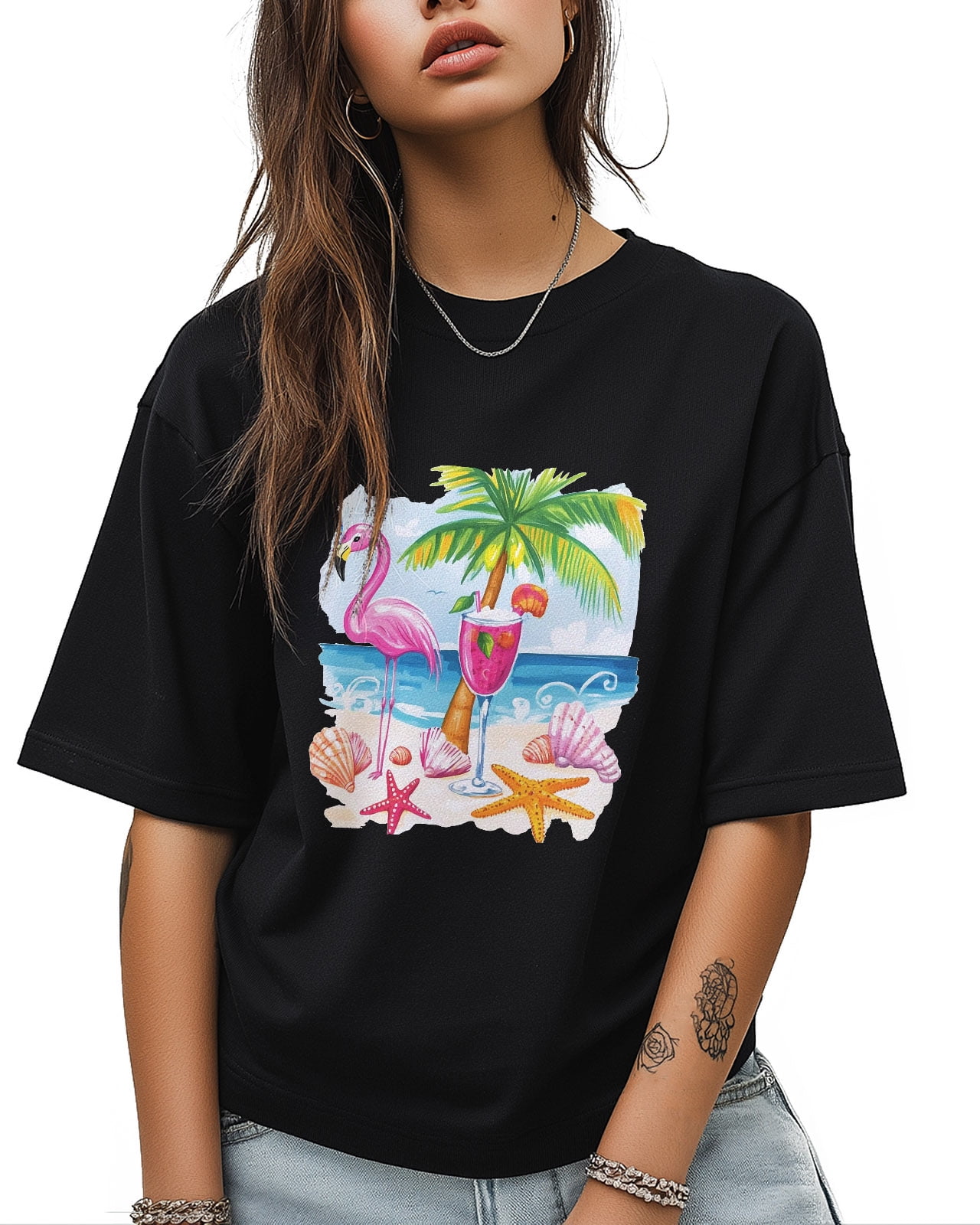 Cartoon Beach T Shirts for Women Short Sleeve Cotton Crewneck T-Shirt ...