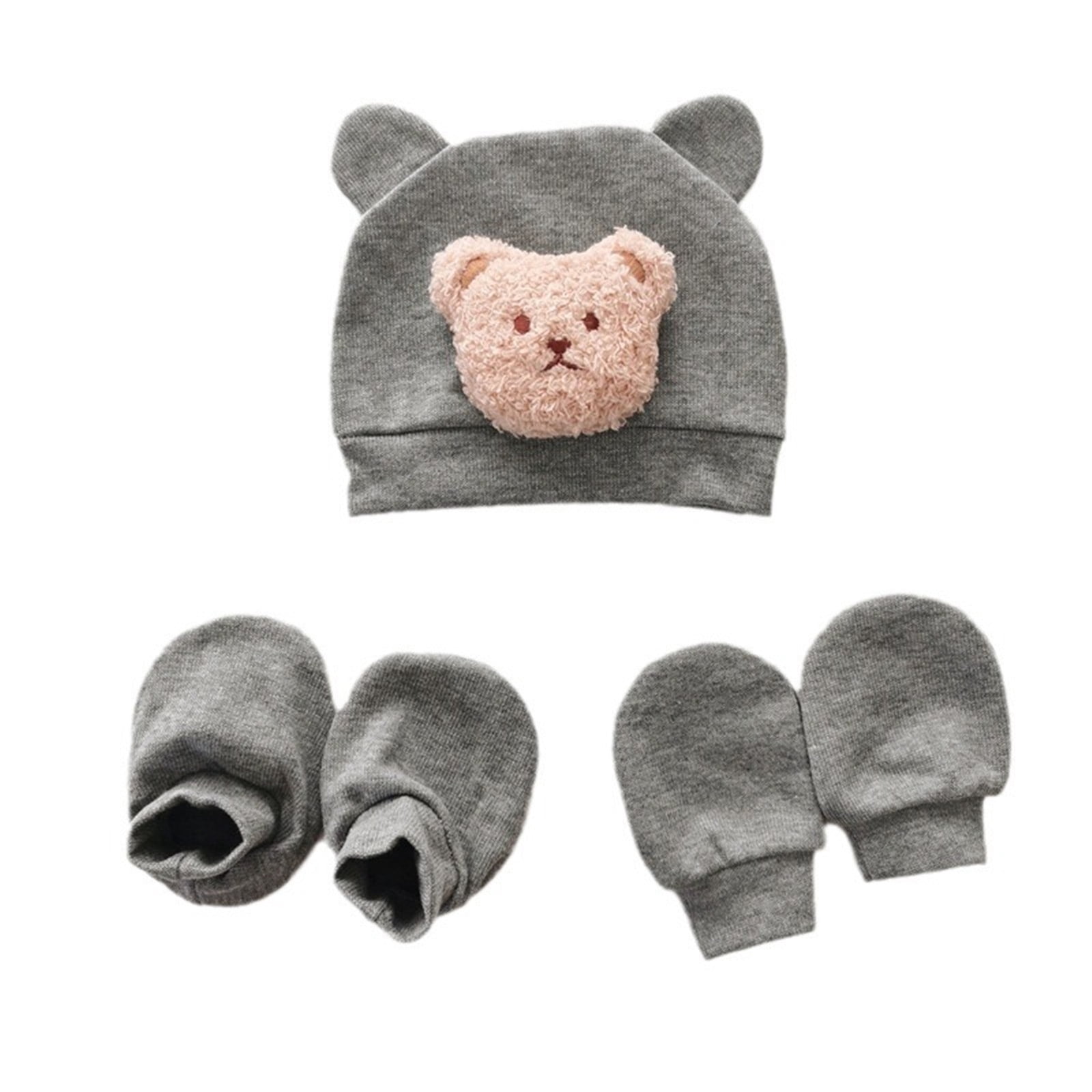 Cartoon Bear Bonnet Hat with Anti Scratch Gloves and Socks for Newborn ...