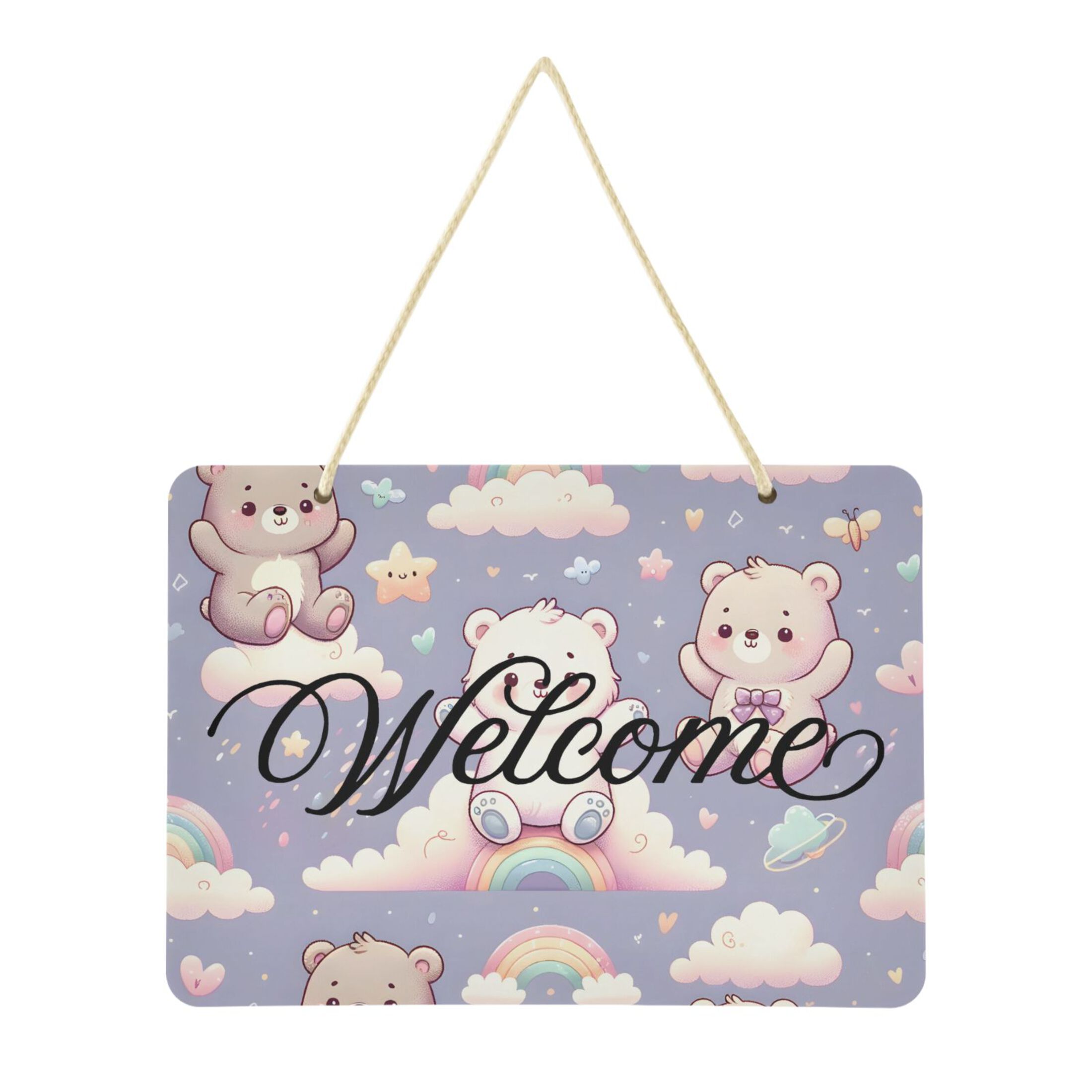 Cartoon Bear Cloud Rainbow Star Welcome Sign Front Door PVC 14x10 inch ...